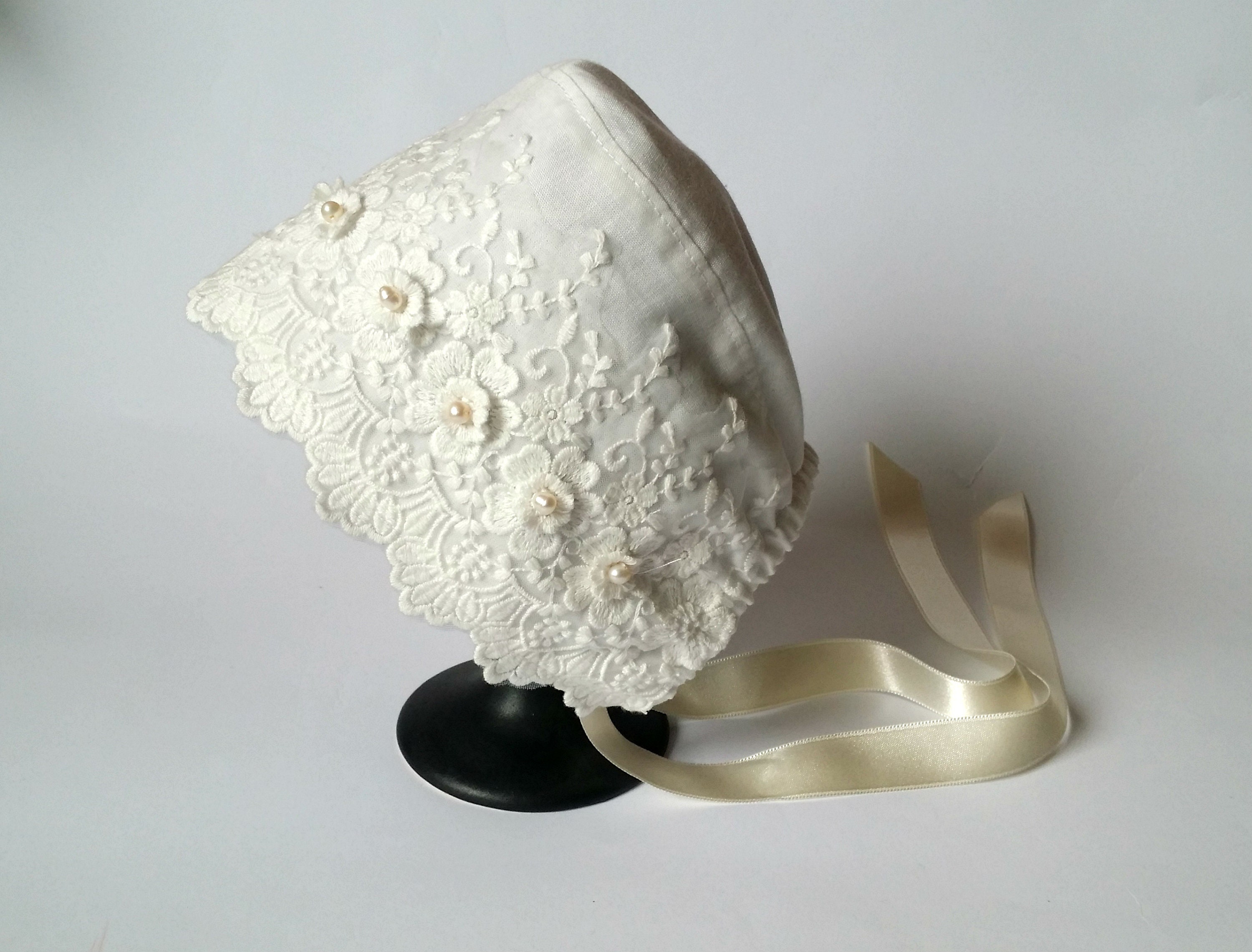 Girl Hat for Baptism, Christening Bonnet, White Cotton Summer Bonnet ...