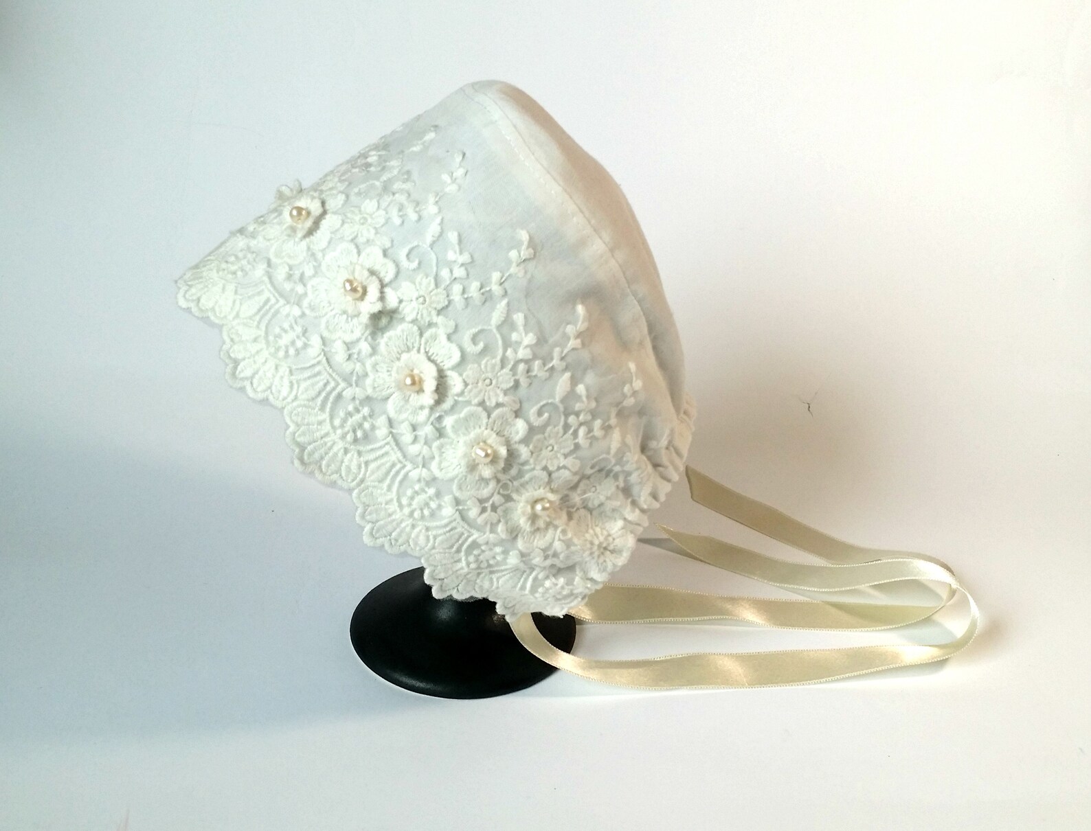 Girl Hat for Baptism, Christening Bonnet, White Cotton Summer Bonnet ...