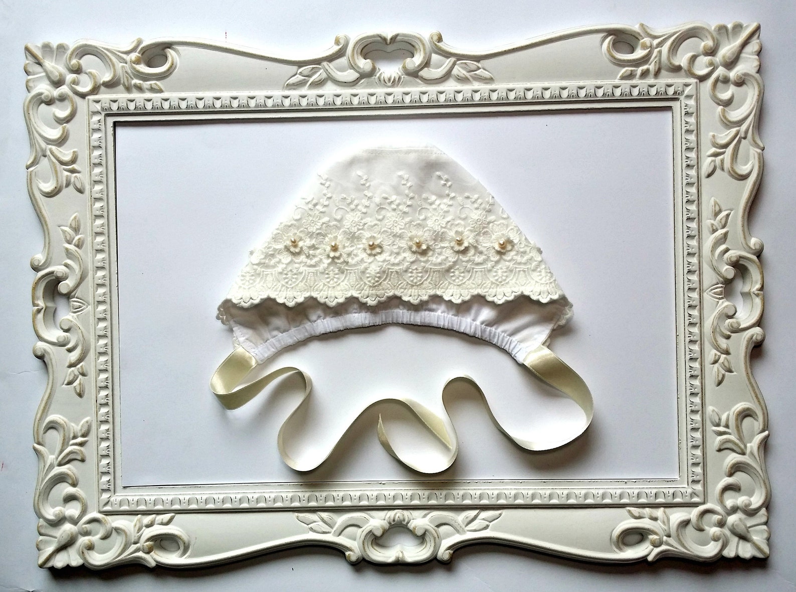 Girl Hat for Baptism, Christening Bonnet, White Cotton Summer Bonnet ...