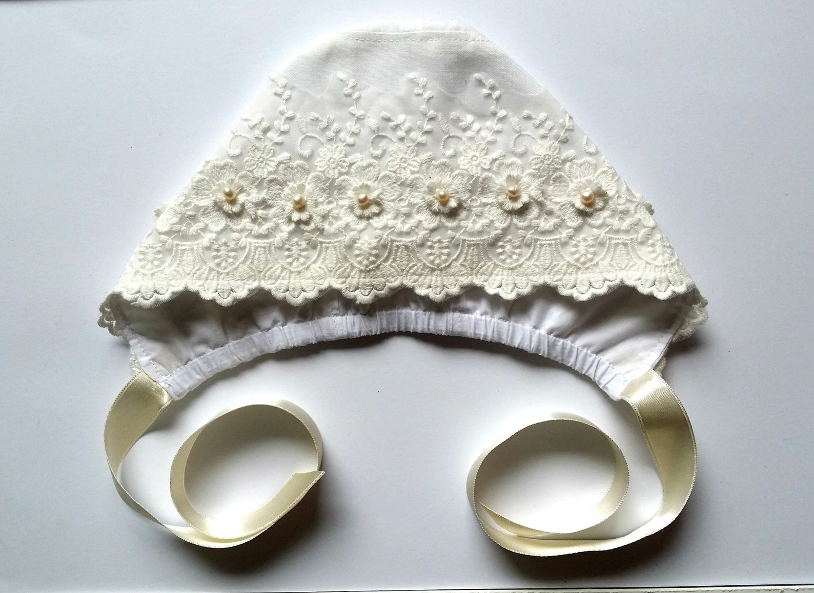 Girl Hat for Baptism, Christening Bonnet, White Cotton Summer Bonnet ...