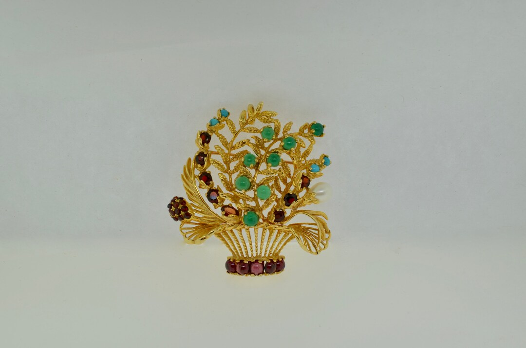 Vintage Lucien Piccard 14k Gold Flower Basket Pin Brooch Pendant W ...