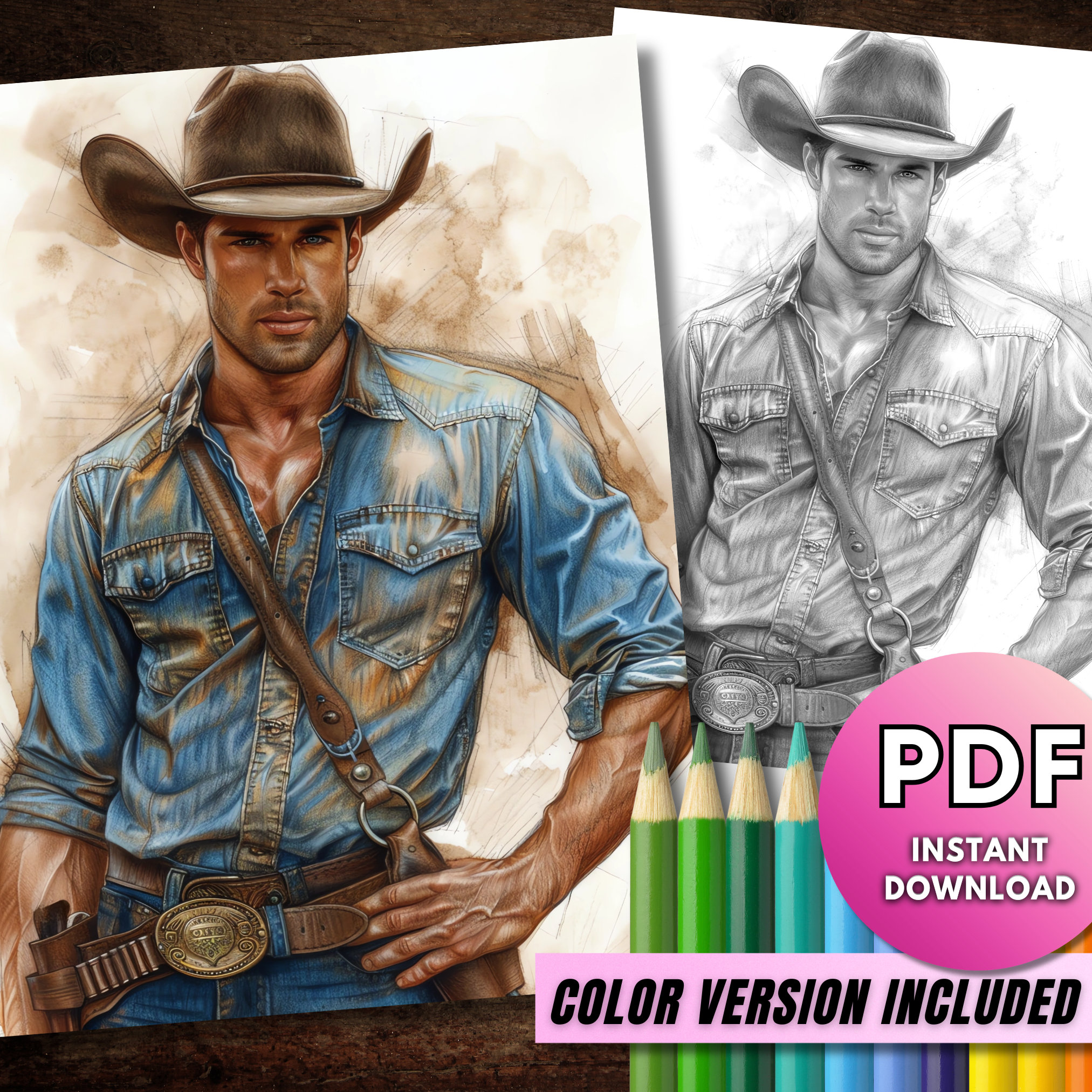 Handsome Cowboy Coloring Book Page, Rugged Man Instant Download, Men ...