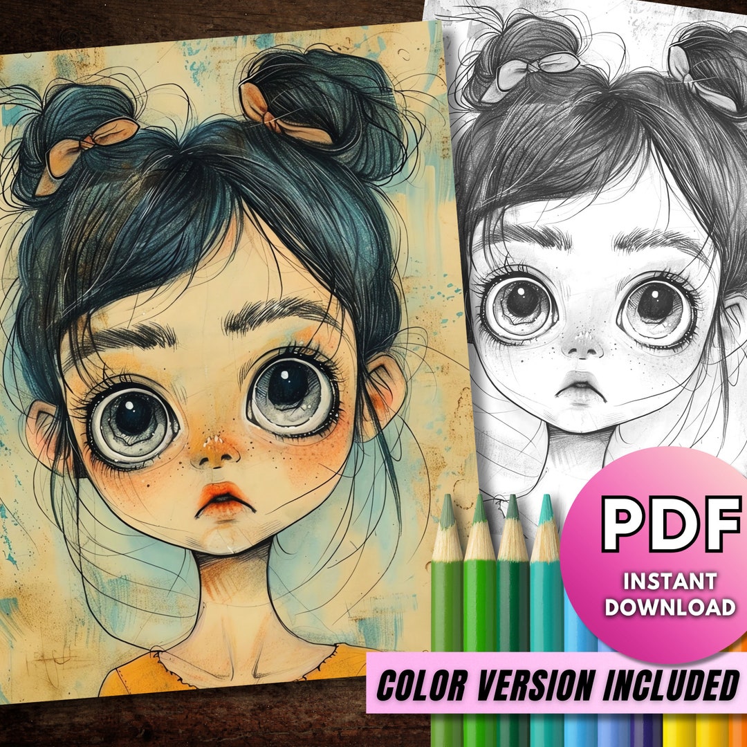 Quirky Girl Coloring Book Page, Big Eyes Doll Instant Download, Black ...