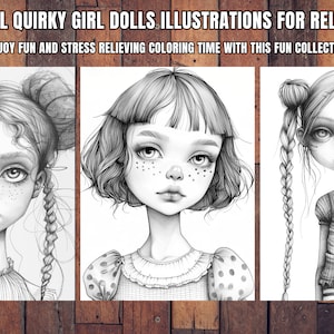 26 Quirky Girls Coloring Book Pages, Big Eyes Dolls Grayscale Instant ...
