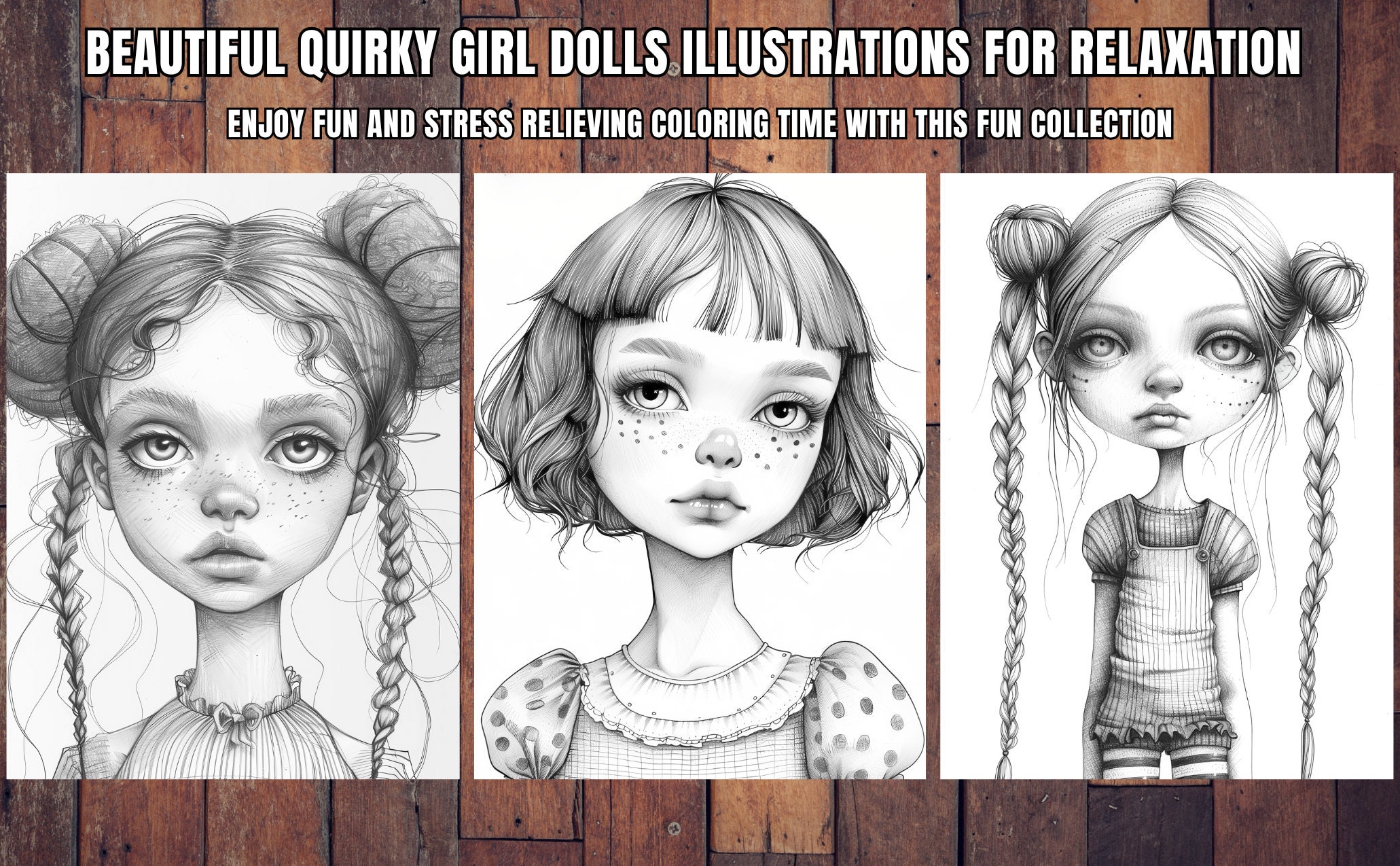 26 Quirky Girls Coloring Book Pages, Big Eyes Dolls Grayscale Instant ...