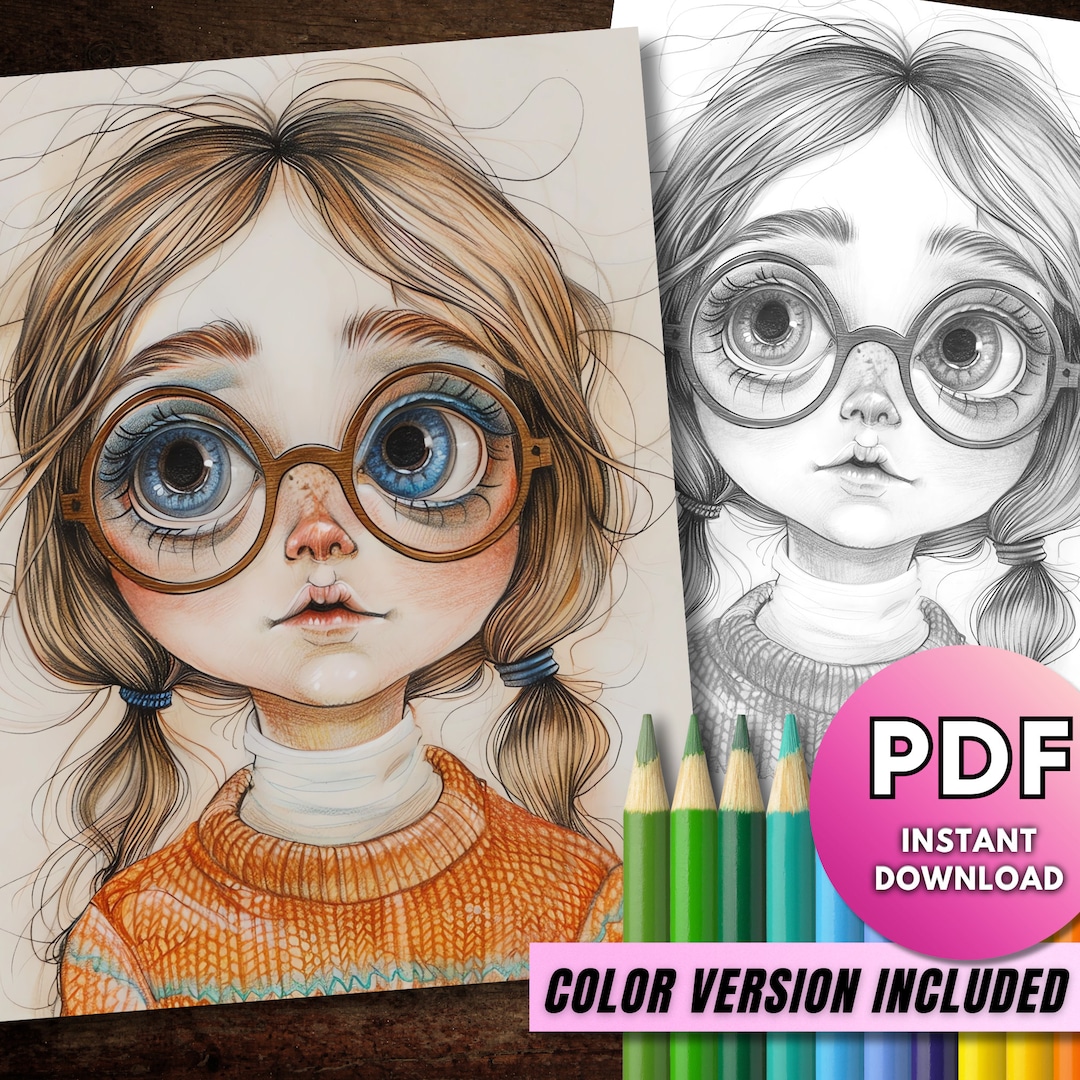 Quirky Girl Coloring Book Page, Big Eyes Huge Glasses Doll Instant ...