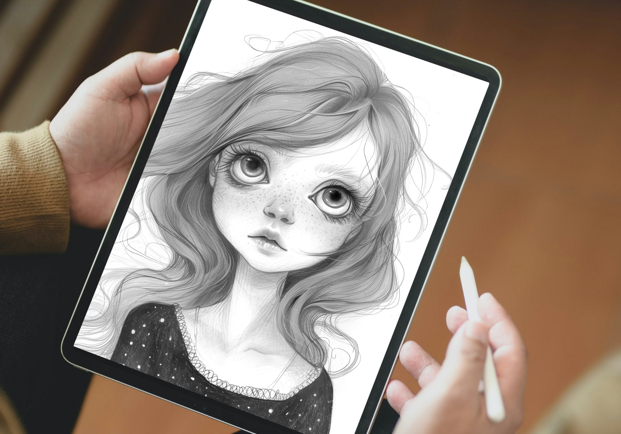 Quirky Girl Coloring Book Page, Big Eyes Doll Instant Download, Red ...