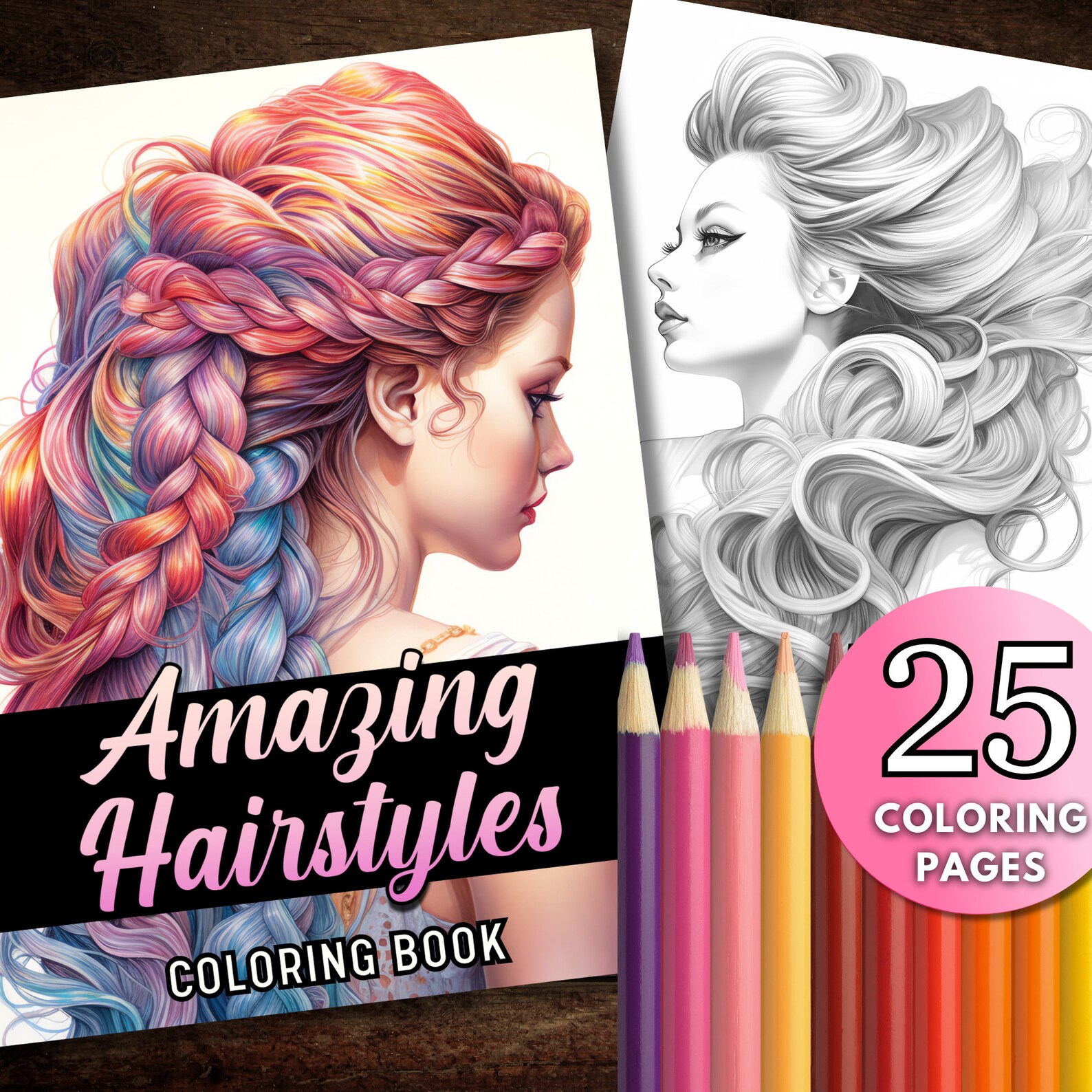 25 Amazing Hairstyles Coloring Book Pages, Detailed Grayscale Hair ...