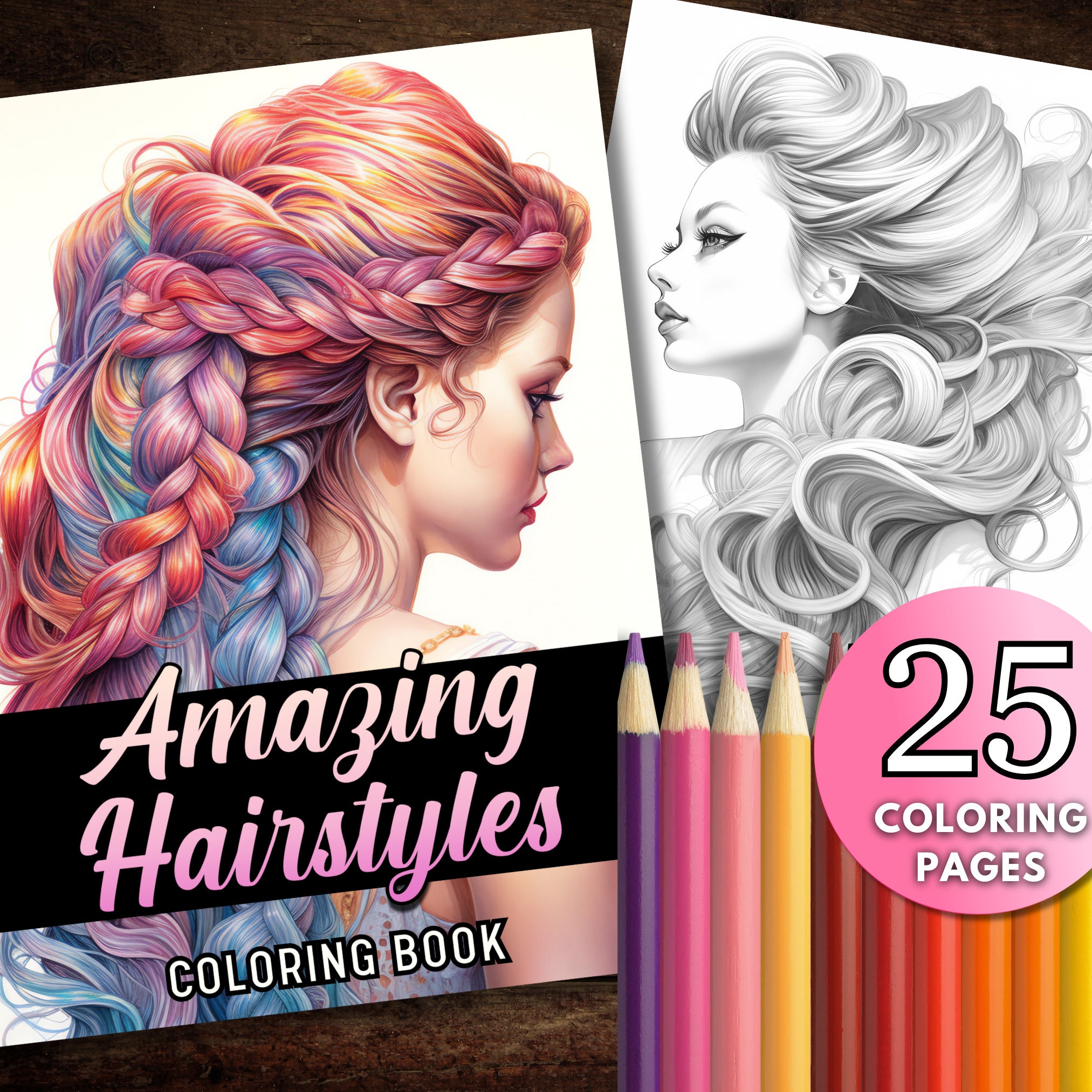25 Amazing Hairstyles Coloring Book Pages, Detailed Grayscale Hair ...