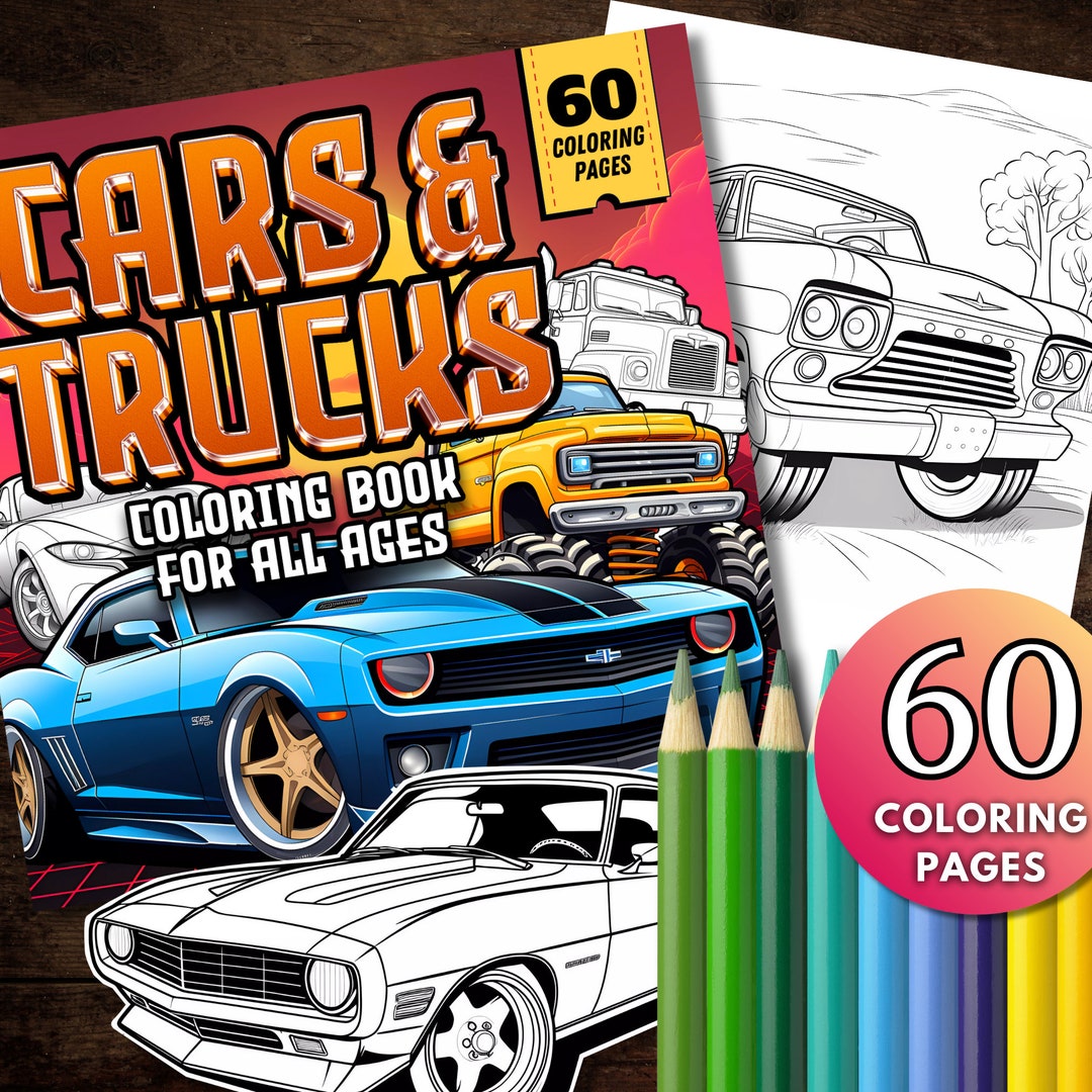 60 Cars & Trucks Coloring Book Pages, Vintage Muscle Vehicles Printable ...