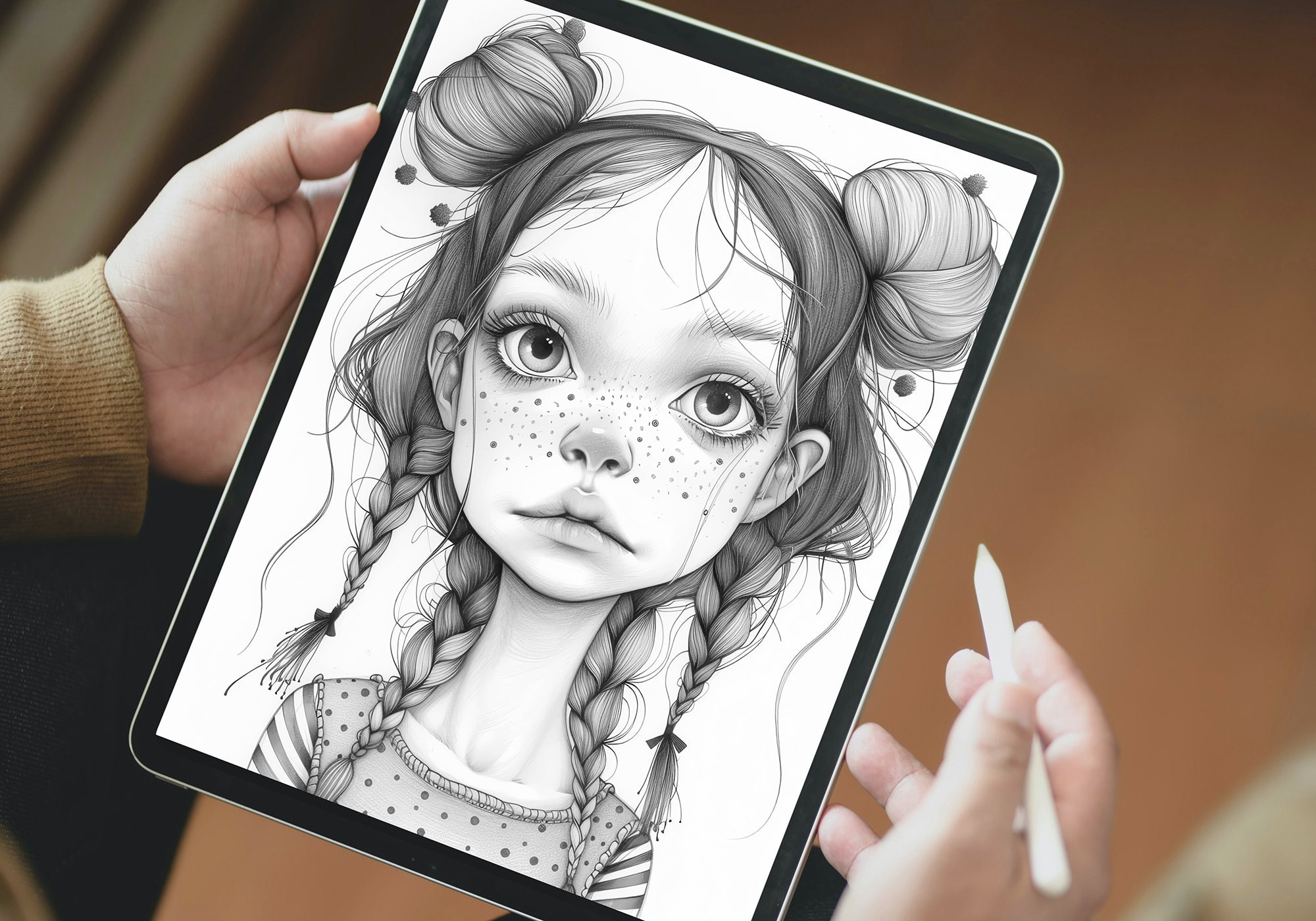 26 Quirky Girls Coloring Book Pages, Big Eyes Dolls Grayscale Instant ...