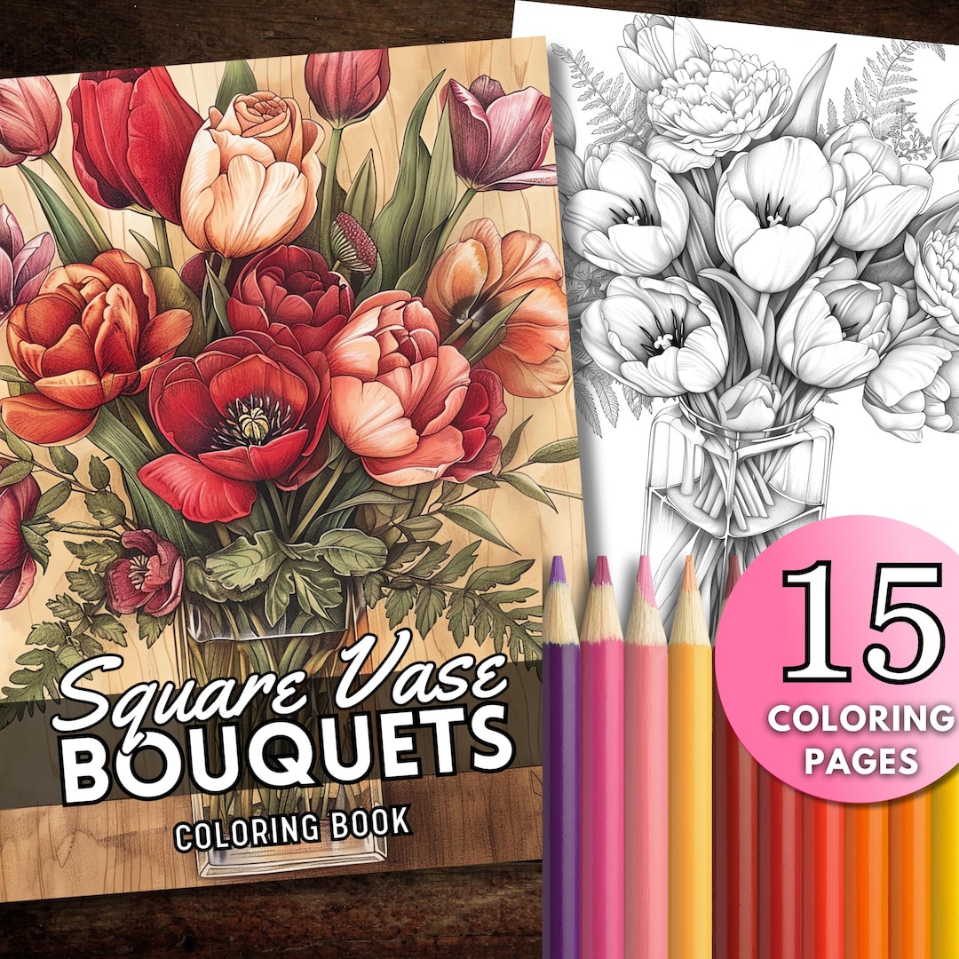 15 Square Vase Bouquets Coloring Book Pages, High Quality Flowers ...