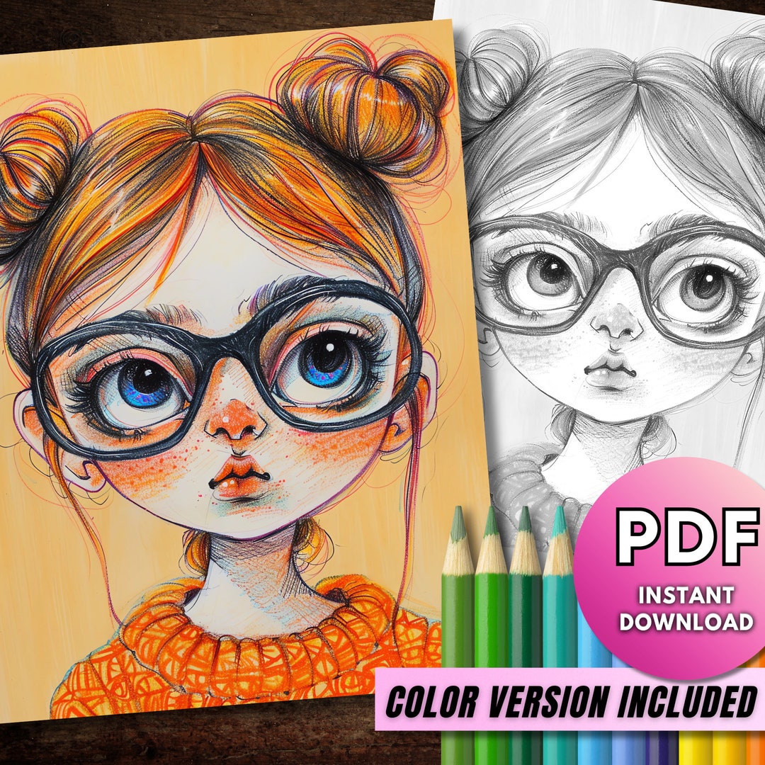 Quirky Girl Coloring Book Page, Big Eyes Huge Glasses Doll Instant ...