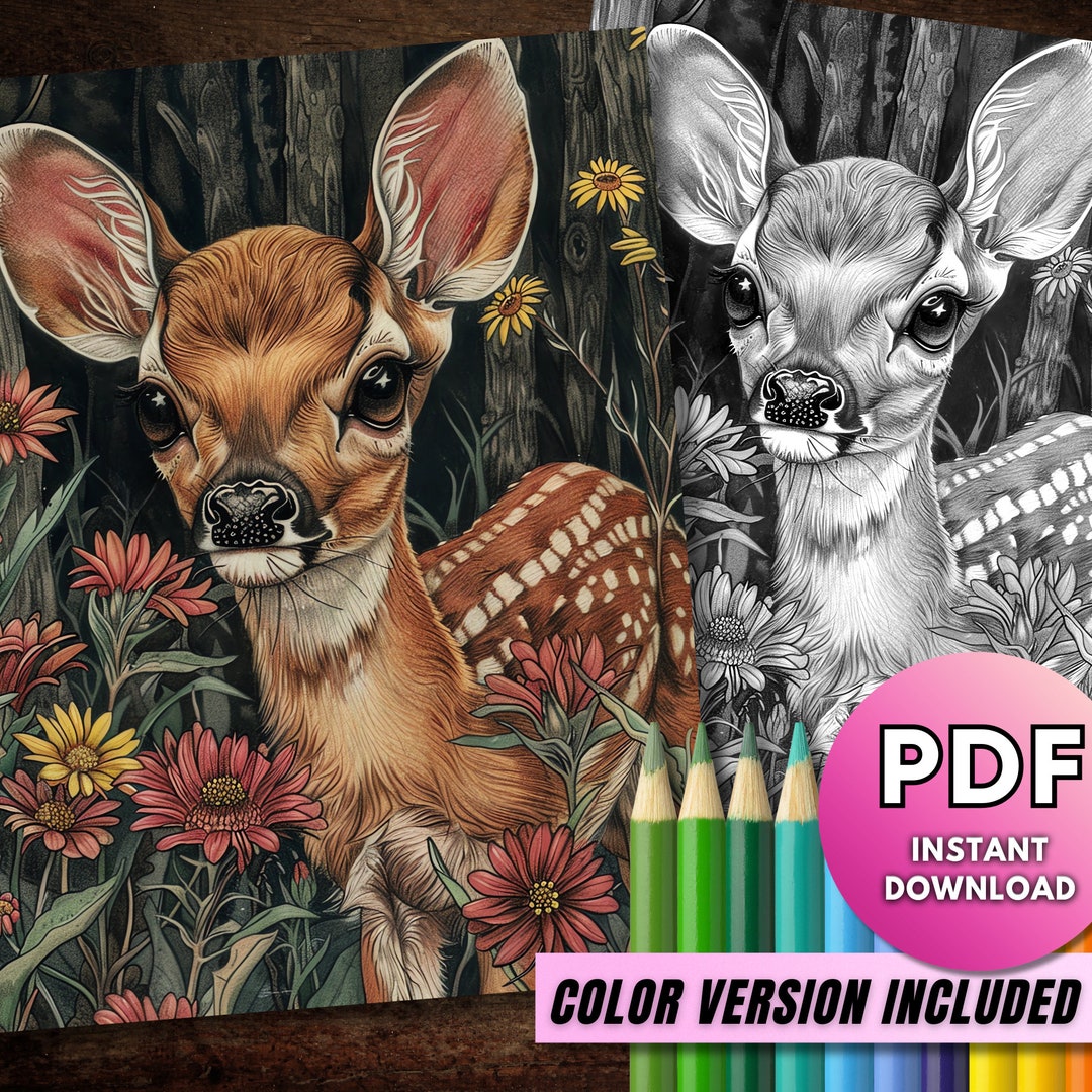 Cute Baby Fawn Coloring Book Page, Deer Animal Instant Download ...