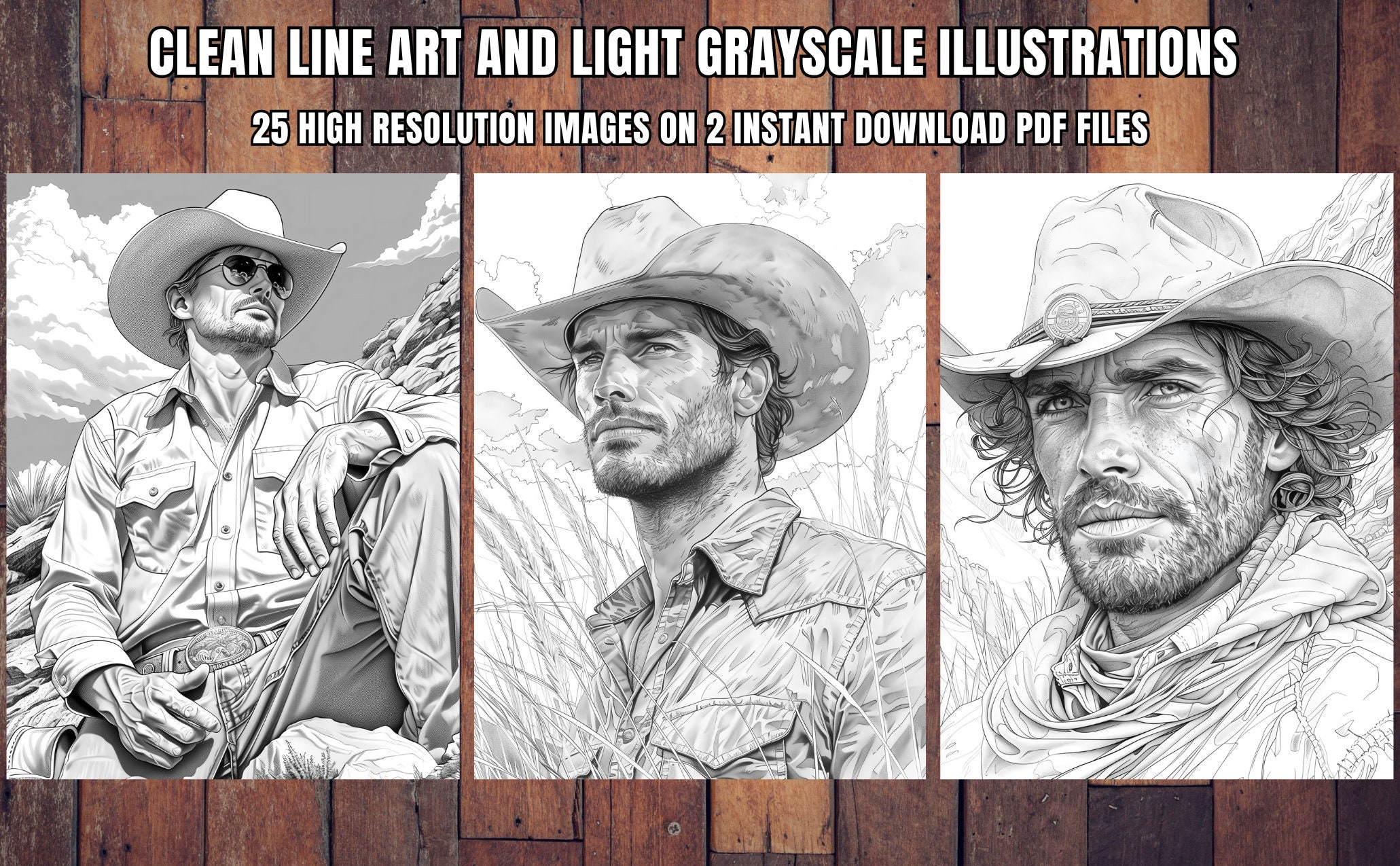 25 Handsome Cowboys Coloring Book Pages, Rugged Men Grayscale Instant ...