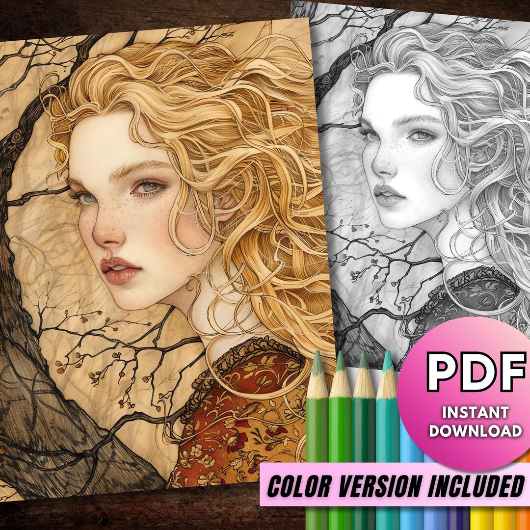 Blonde Dreamer Coloring Book Page, Woman Female Girl Grayscale Instant ...