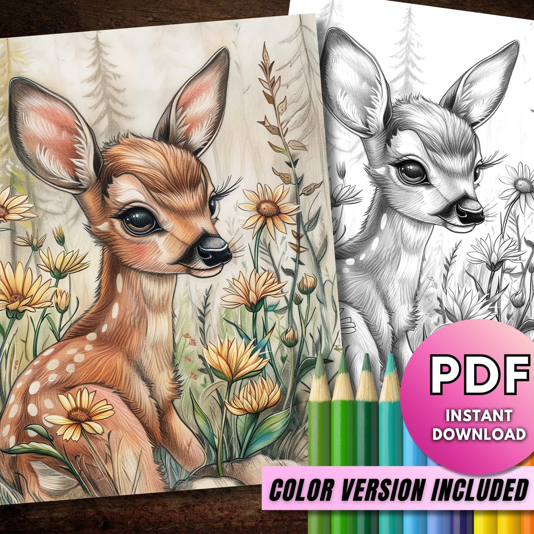 Cute Baby Fawn Coloring Book Page, Deer Animal Instant Download ...