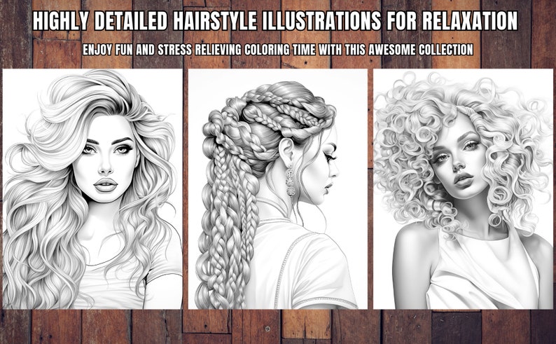 25 Amazing Hairstyles Coloring Book Pages, Detailed Grayscale Hair ...