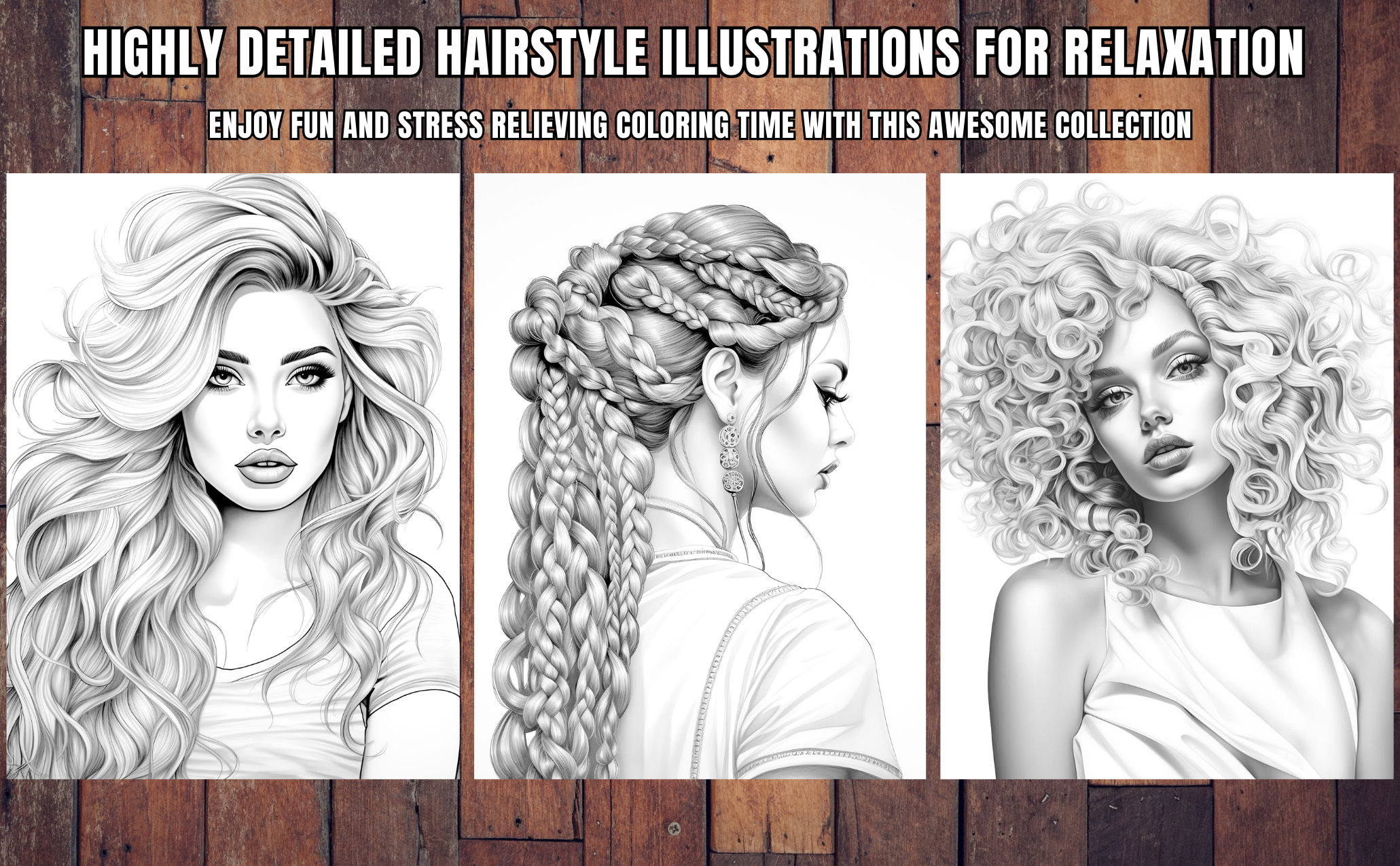 25 Amazing Hairstyles Coloring Book Pages, Detailed Grayscale Hair ...