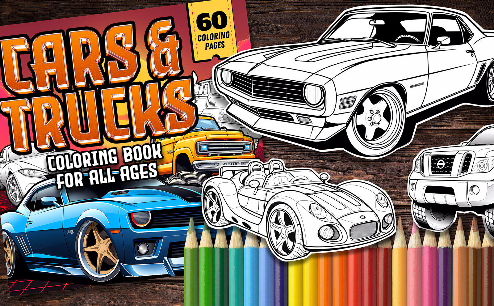 60 Cars & Trucks Coloring Book Pages, Vintage Muscle Vehicles Printable ...
