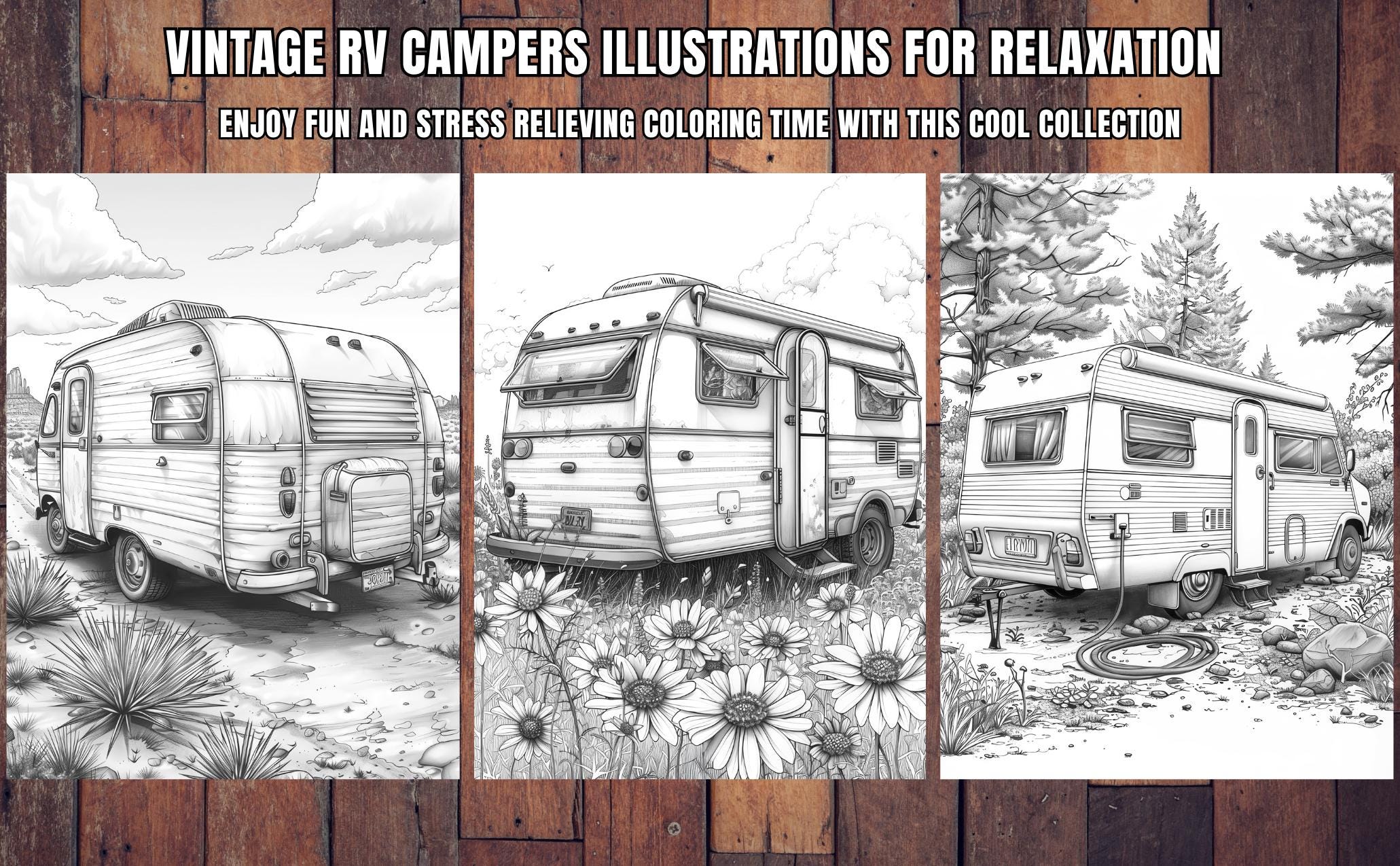 25 Vintage RV Campers Coloring Book Pages, Mobile Homes Vehicles ...