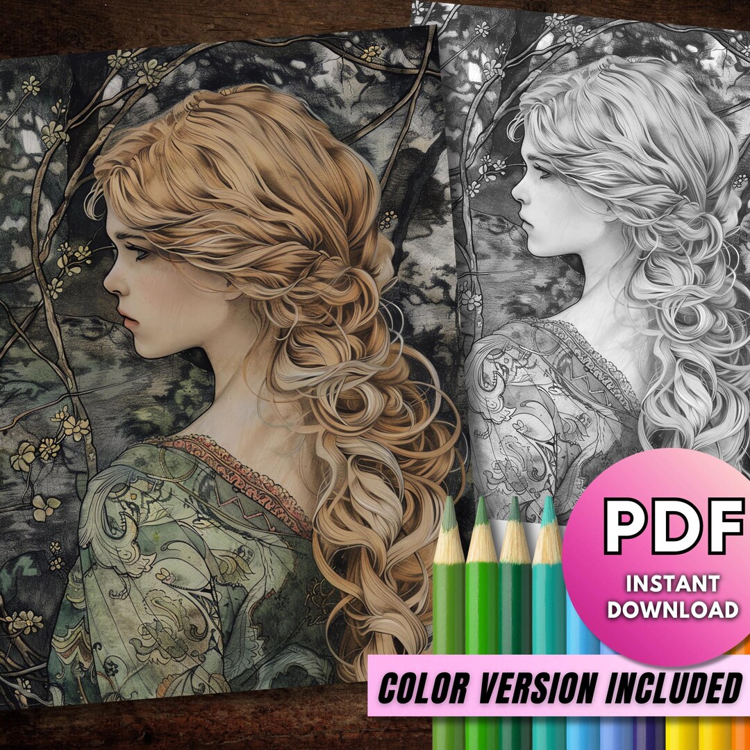 Blonde Dreamer Coloring Book Page, Woman Female Girl Grayscale Instant ...