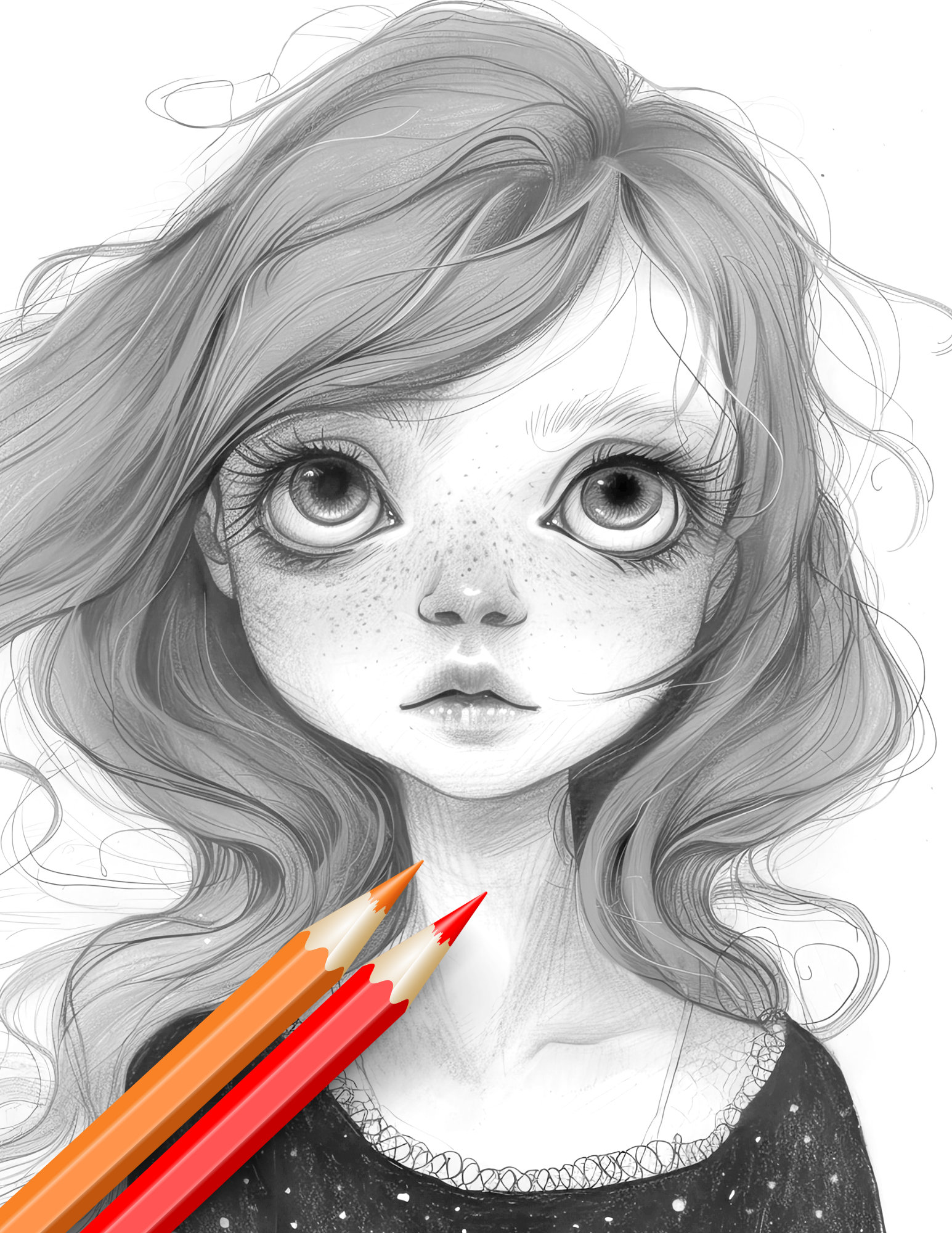 Quirky Girl Coloring Book Page, Big Eyes Doll Instant Download, Red ...