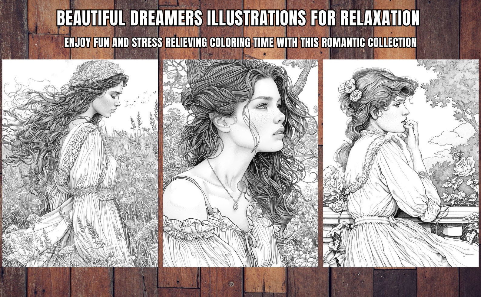 26 Beautiful Dreamers Coloring Book Pages, Romantic Females Grayscale ...