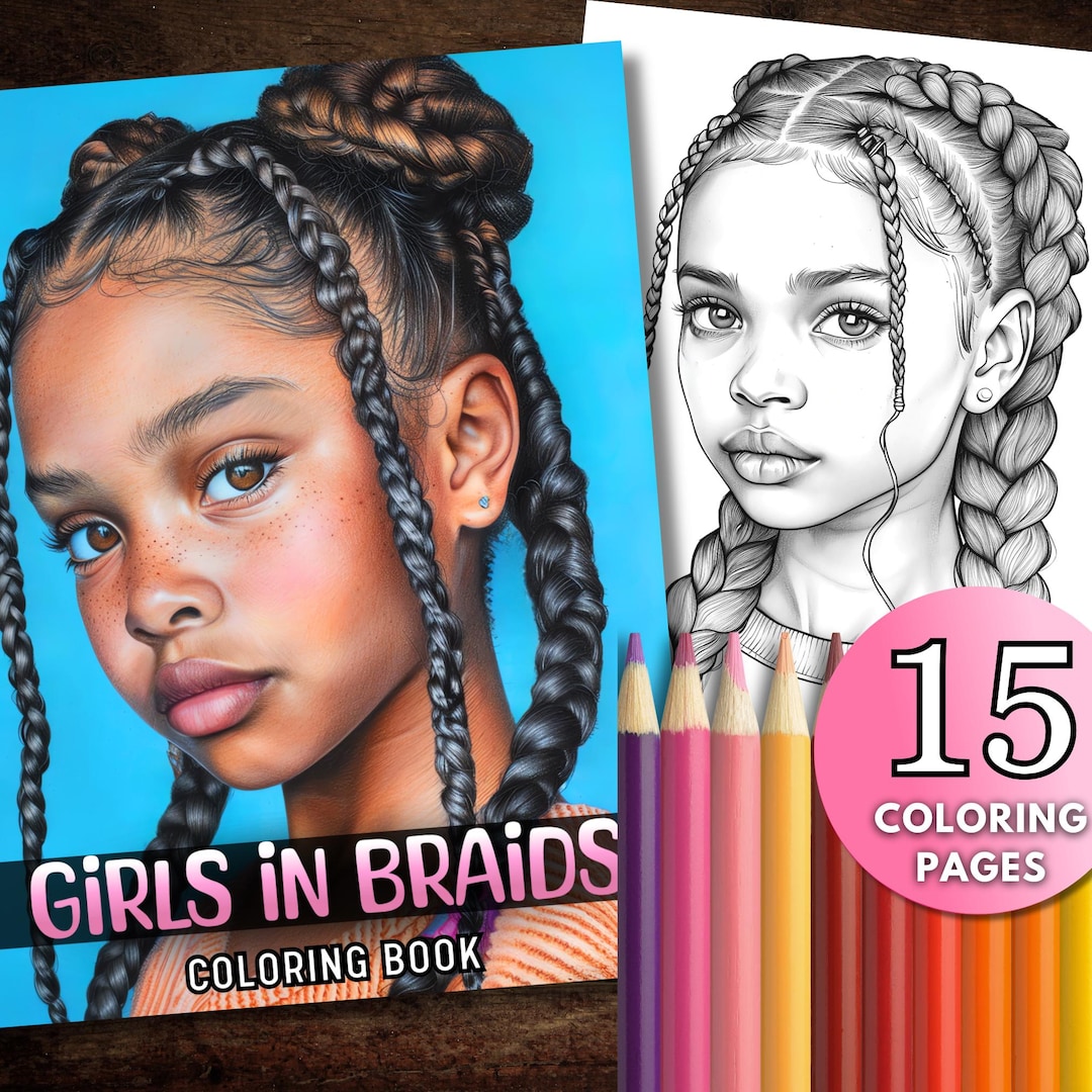 15 Girls in Braids Coloring Book Pages, Grayscale Black Girl Printable ...