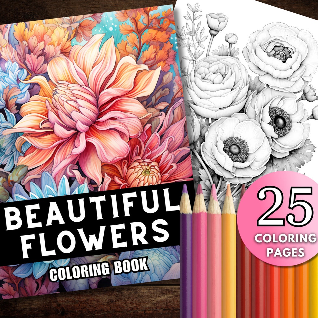 25 Beautiful Flowers Coloring Book Pages, Grayscale Dahlias Printable ...
