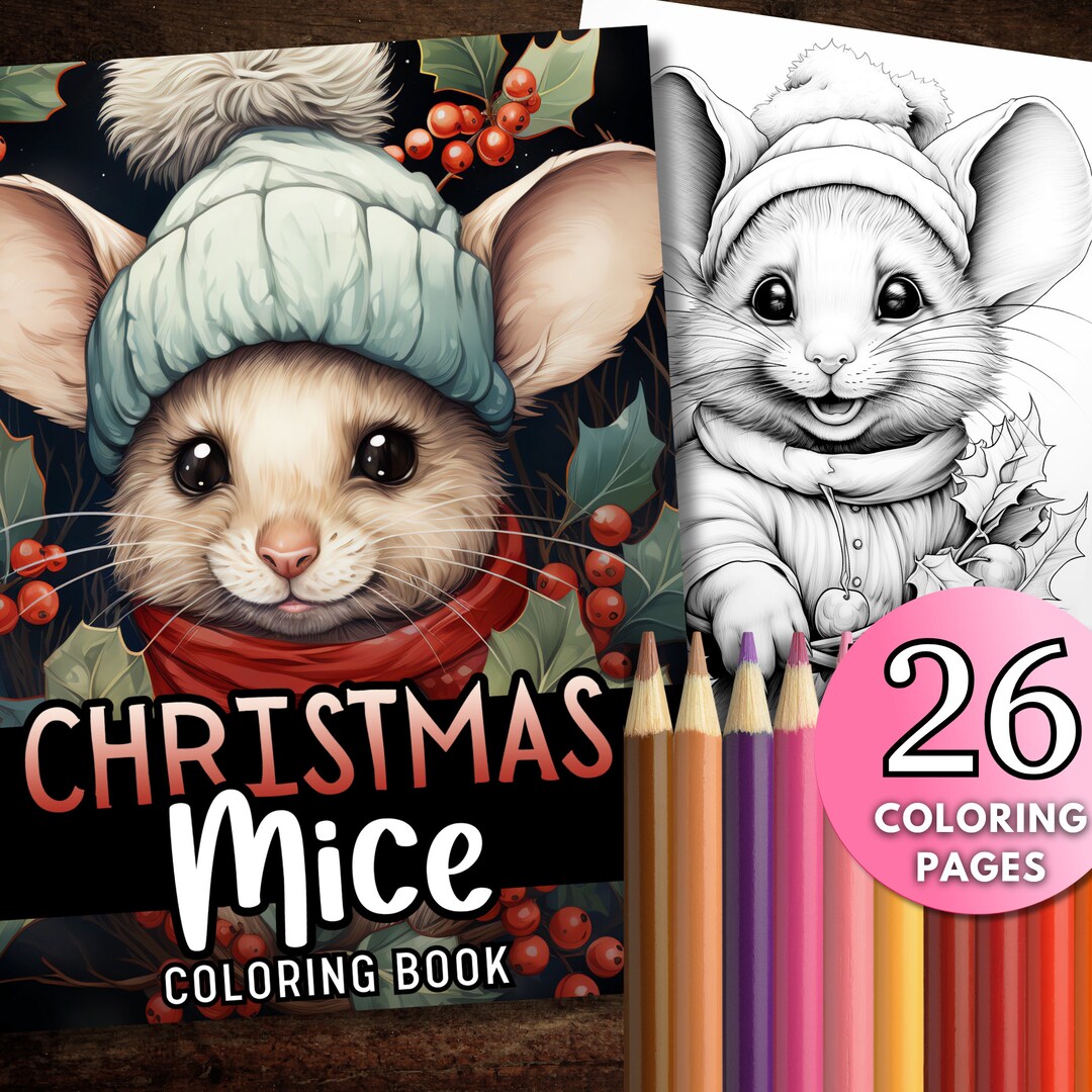 26 Christmas Mice Coloring Book Pages, Baby Animals Printable PDF, Cute ...