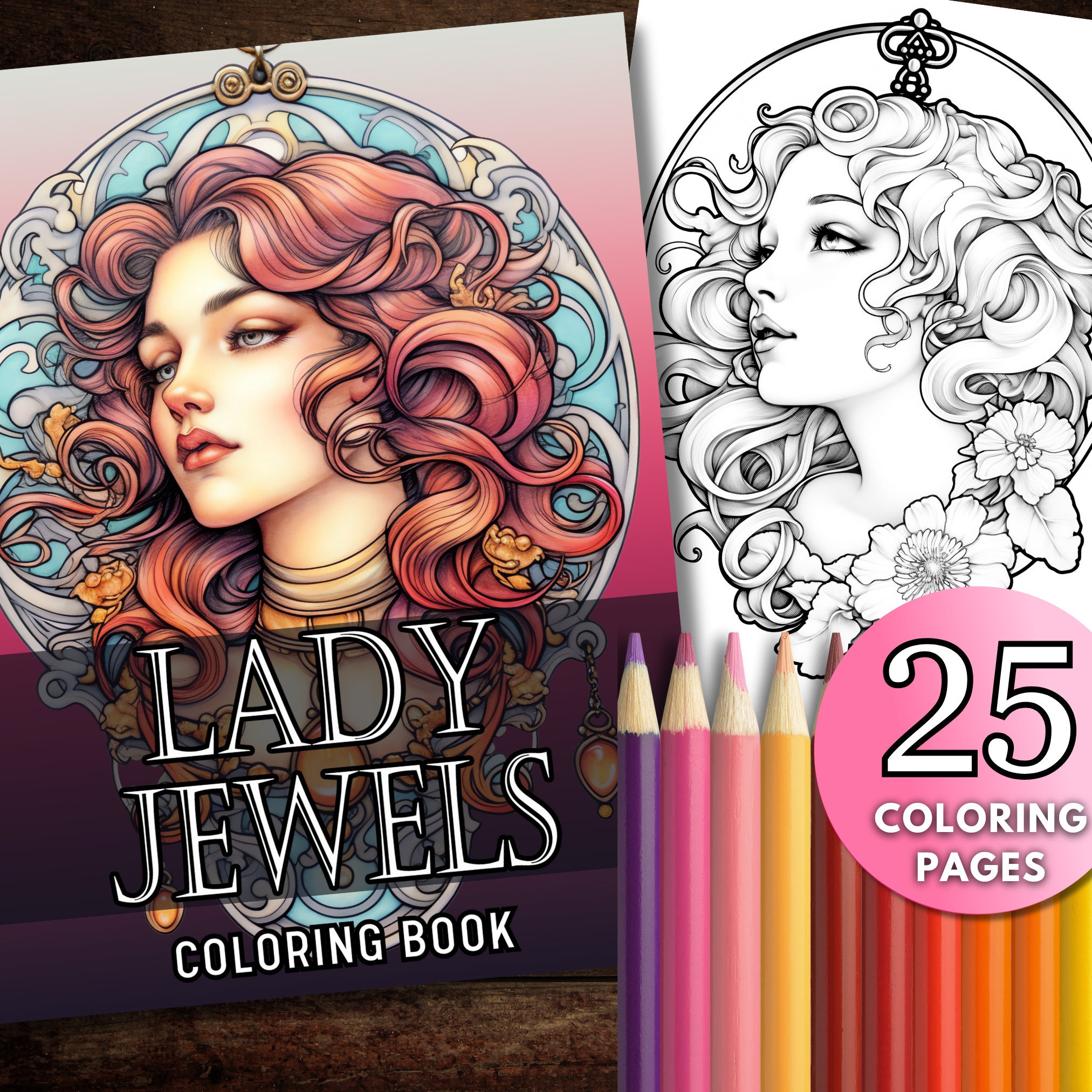 25 Lady Jewels Coloring Book Pages, Art Nouveau Women Printable PDF ...