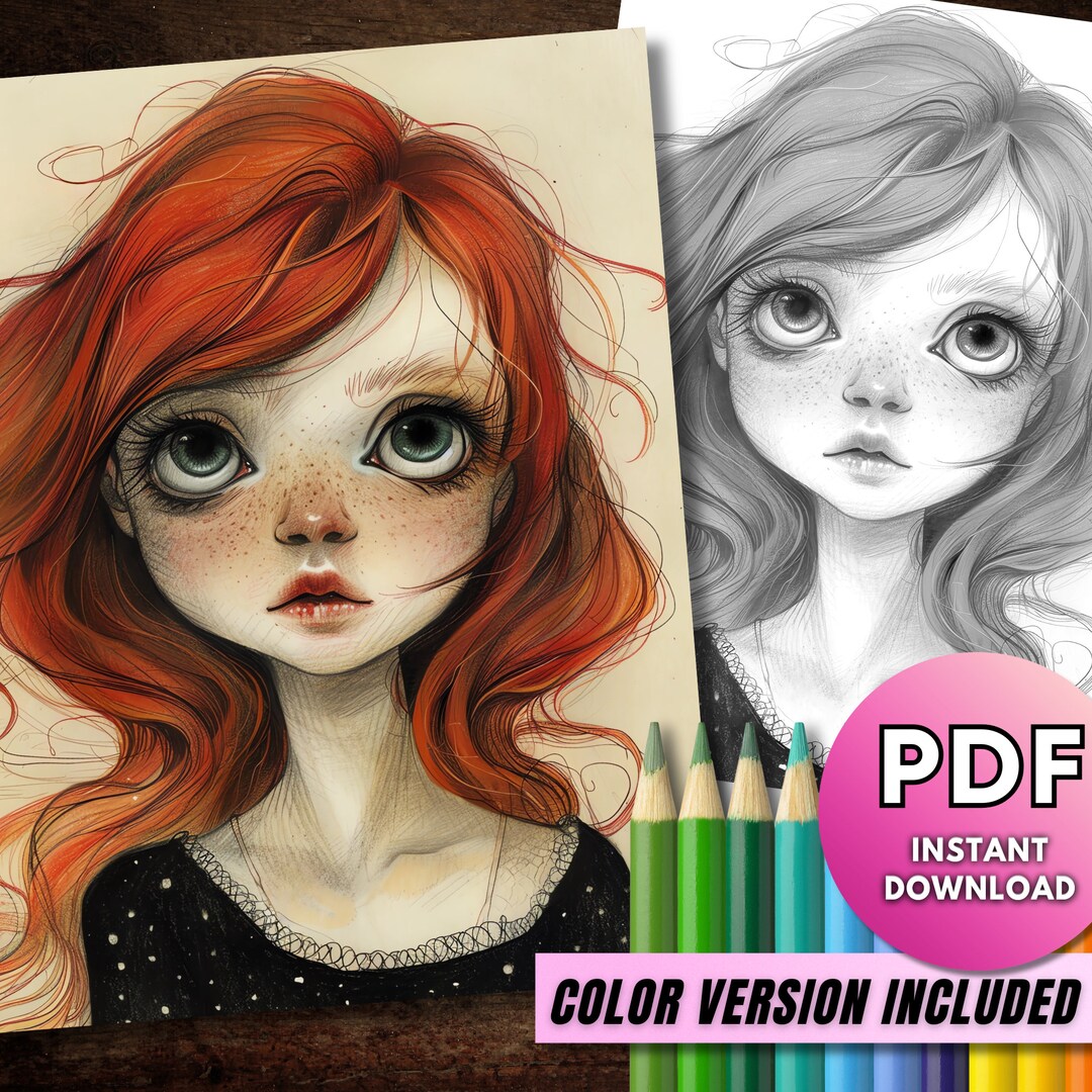 Quirky Girl Coloring Book Page, Big Eyes Doll Instant Download, Red ...
