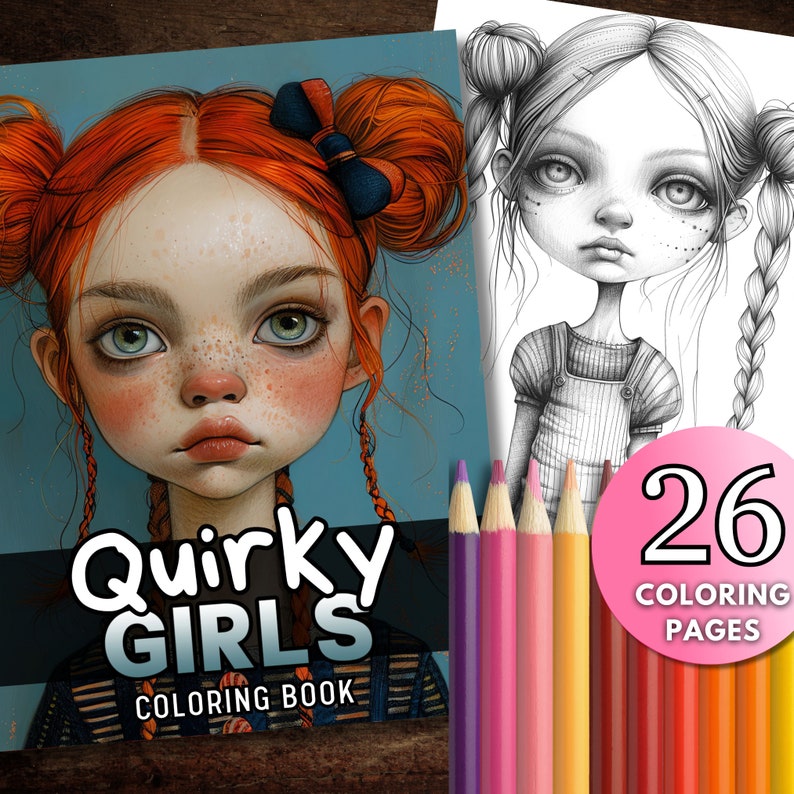 26 Quirky Girls Coloring Book Pages Big Eyes Dolls Grayscale Instant