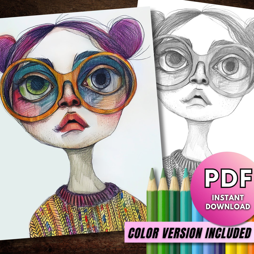 Quirky Girl Coloring Book Page, Big Eyes Huge Glasses Doll Instant ...