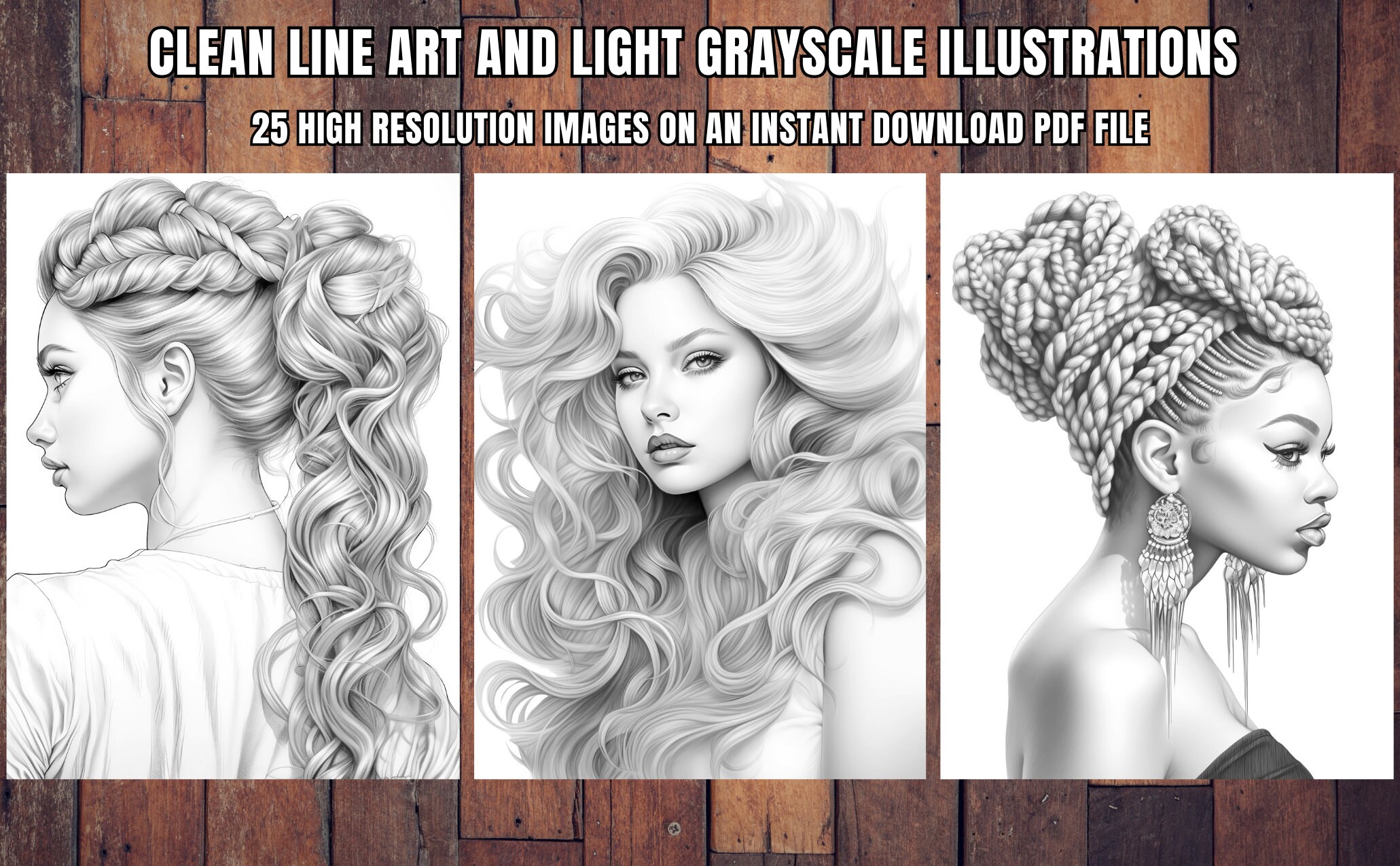 25 Amazing Hairstyles Coloring Book Pages, Detailed Grayscale Hair ...