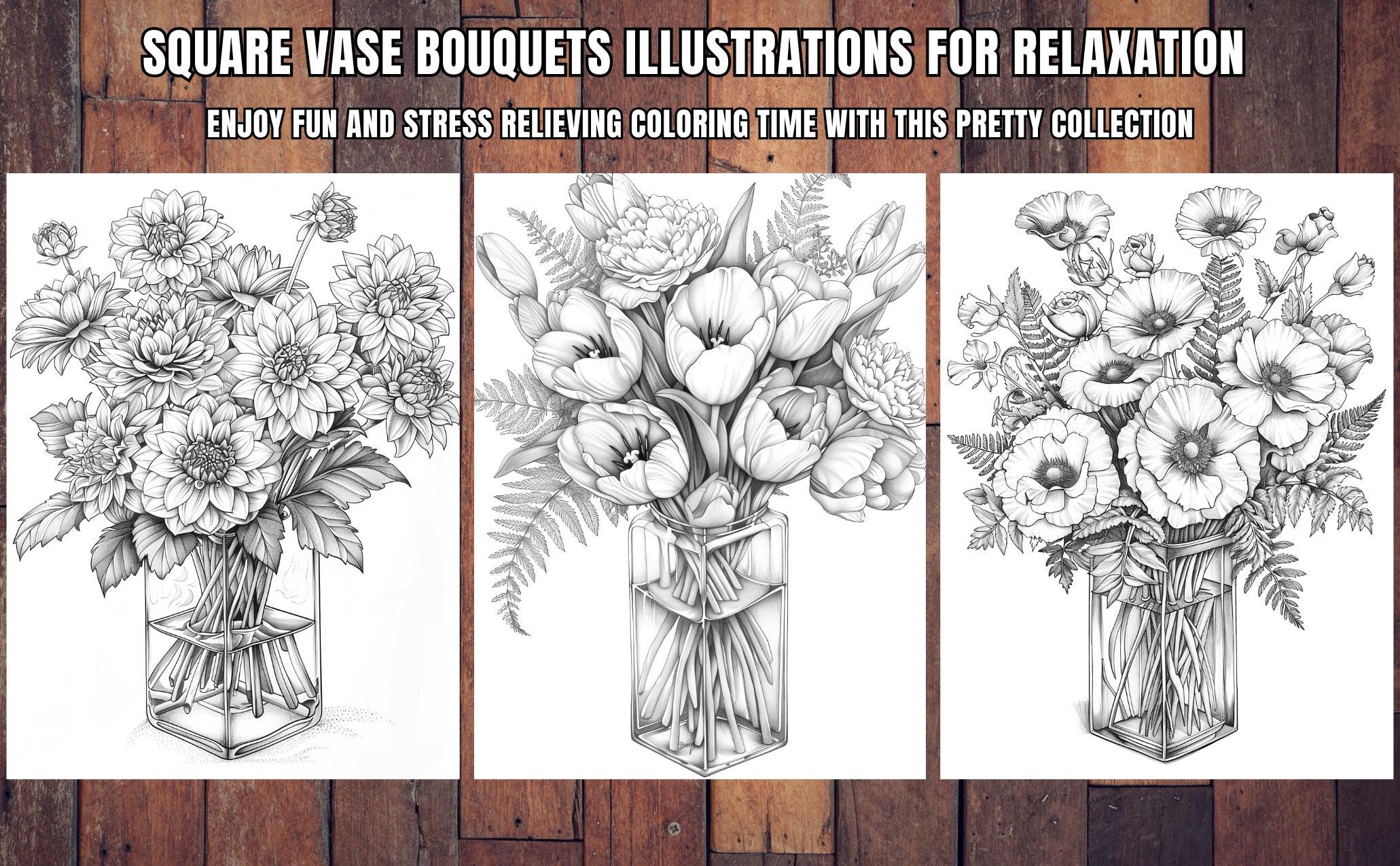 15 Square Vase Bouquets Coloring Book Pages, High Quality Flowers ...