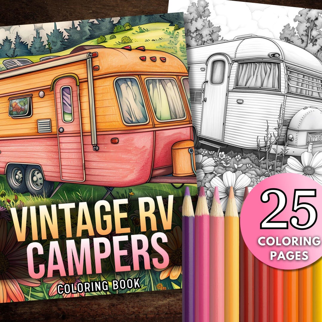 25 Vintage RV Campers Coloring Book Pages, Mobile Homes Vehicles ...