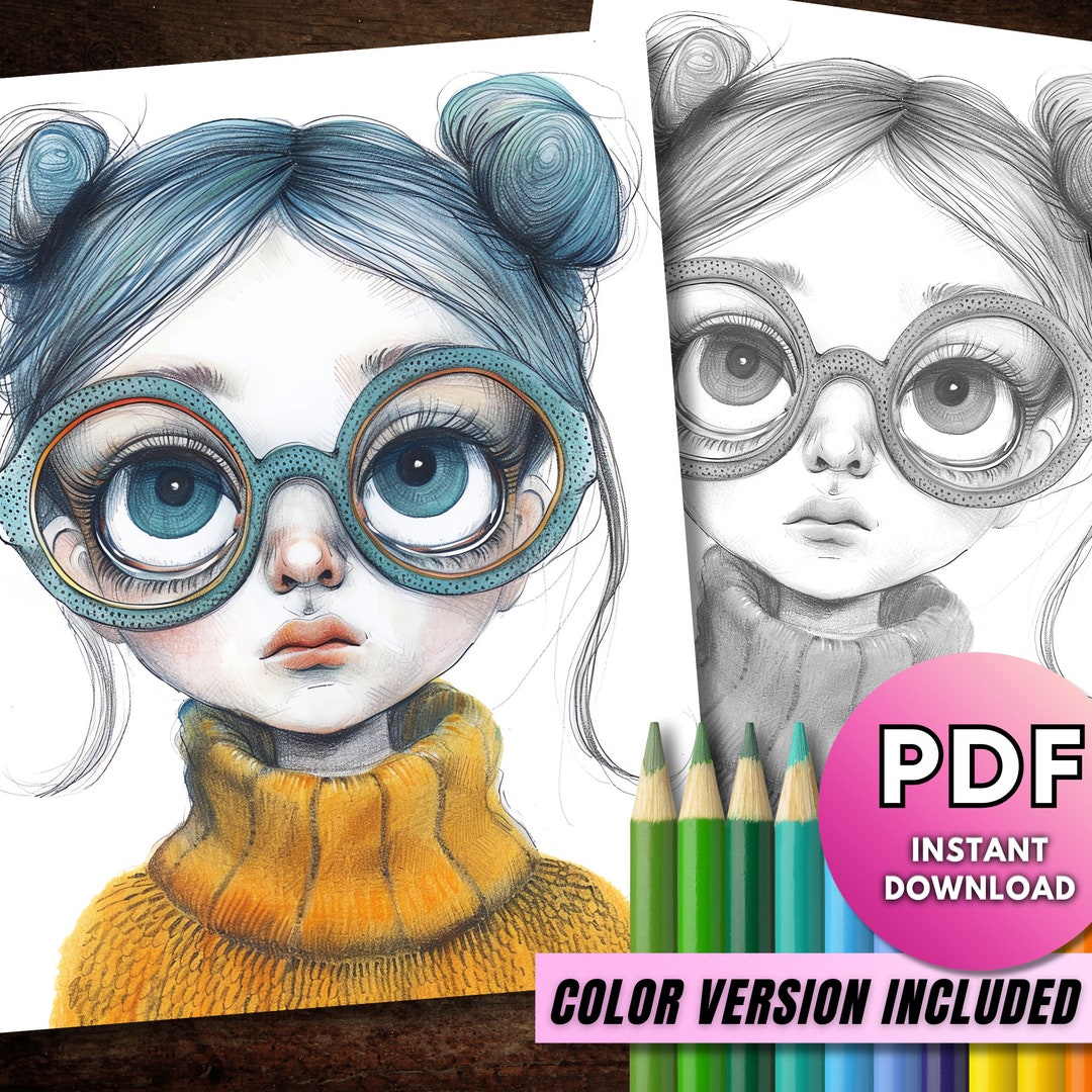 Quirky Girl Coloring Book Page, Big Eyes Huge Glasses Doll Instant ...