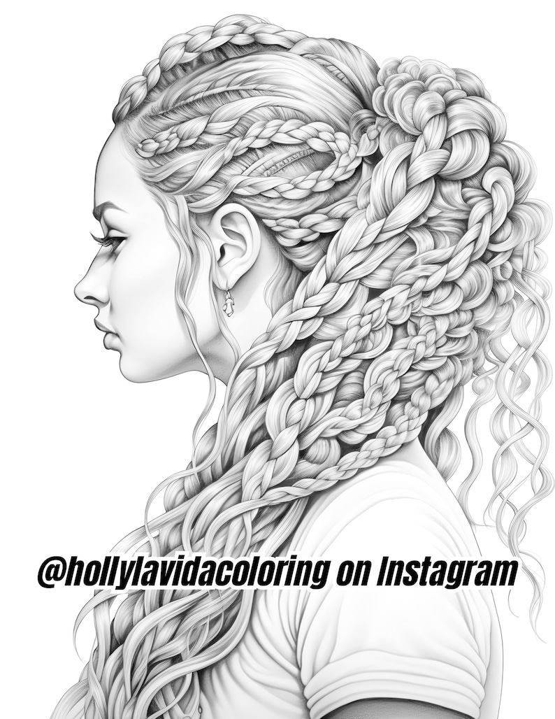 25 Amazing Hairstyles Coloring Book Pages, Detailed Grayscale Hair ...