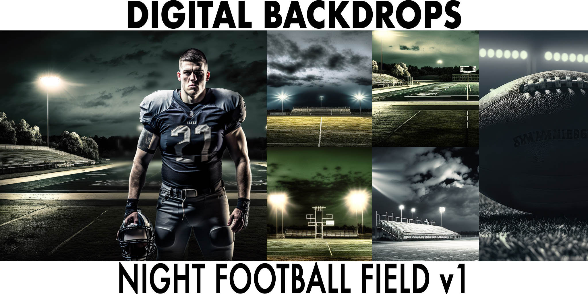 Night Football Field Backdrop V1, Set of 5, Digital Photo Sports ...