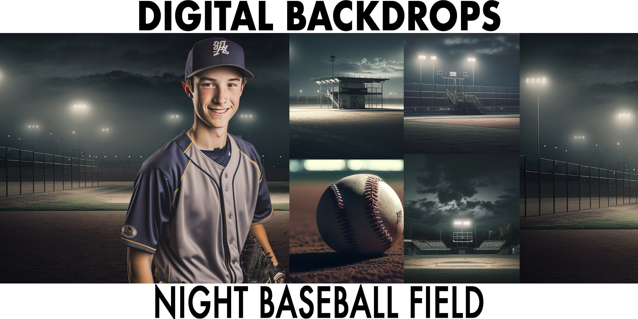 Night Baseball Field Backdrop, Set of 5, Sports Photography Background ...