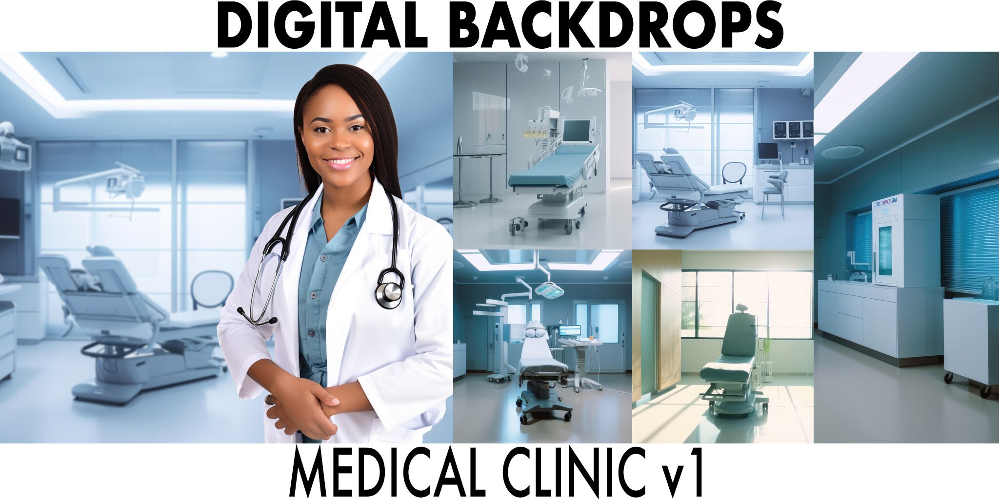 High-tech Hospital Interiors Backdrop V1, Set of 4, Doctors & Nurses ...