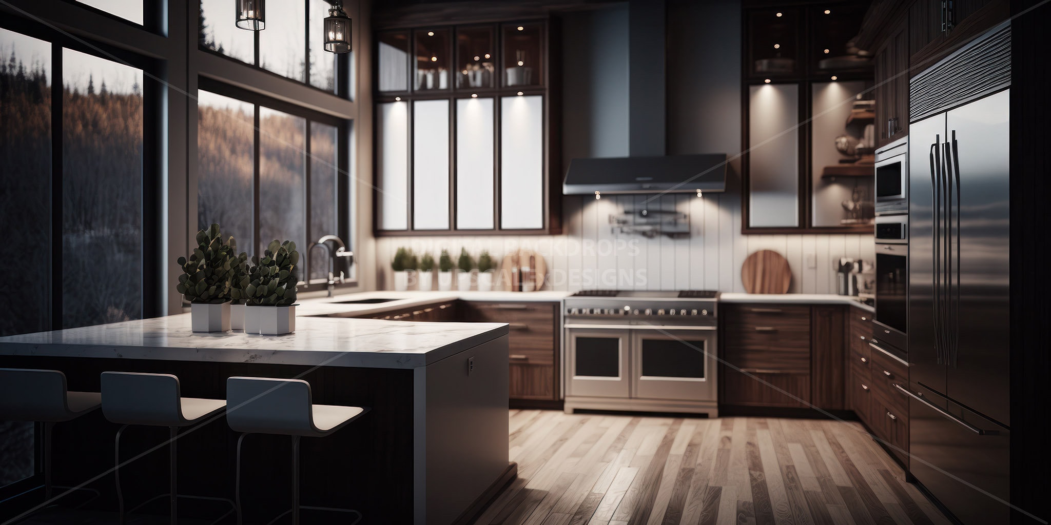 Upscale Modern Kitchen Backdrop, Set of 4, Interior Real Estate ...