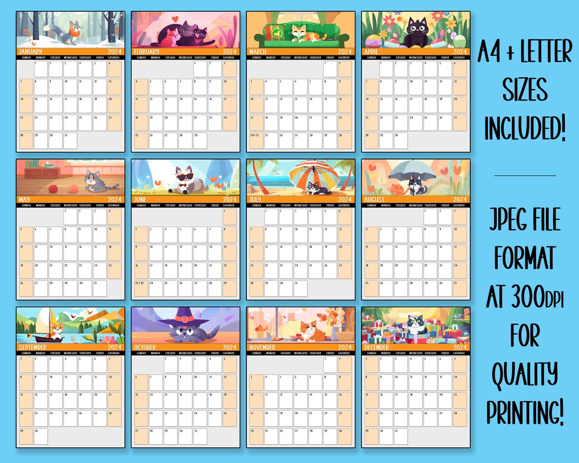 2024 Illustrated Cute Cat Calendar, Printable Calendar Daily Planner ...