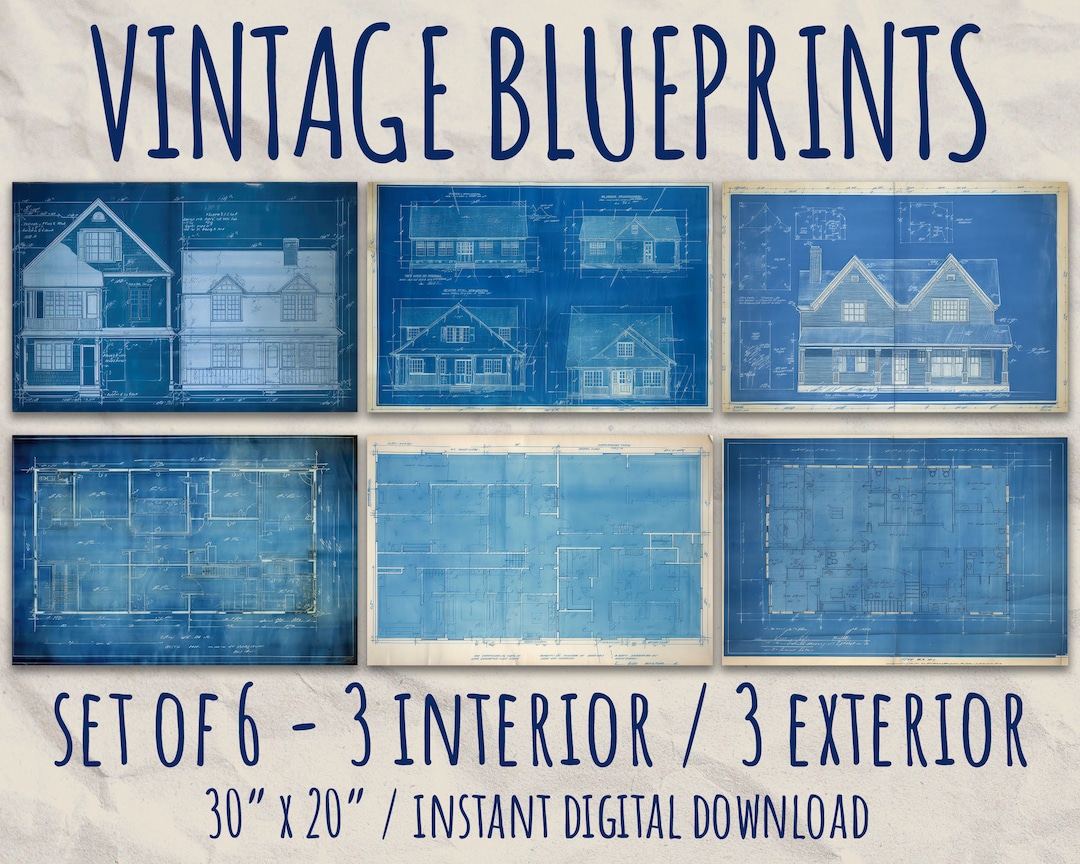 Vintage Blueprints of American Home, Bundle of 6 Illustrations ...