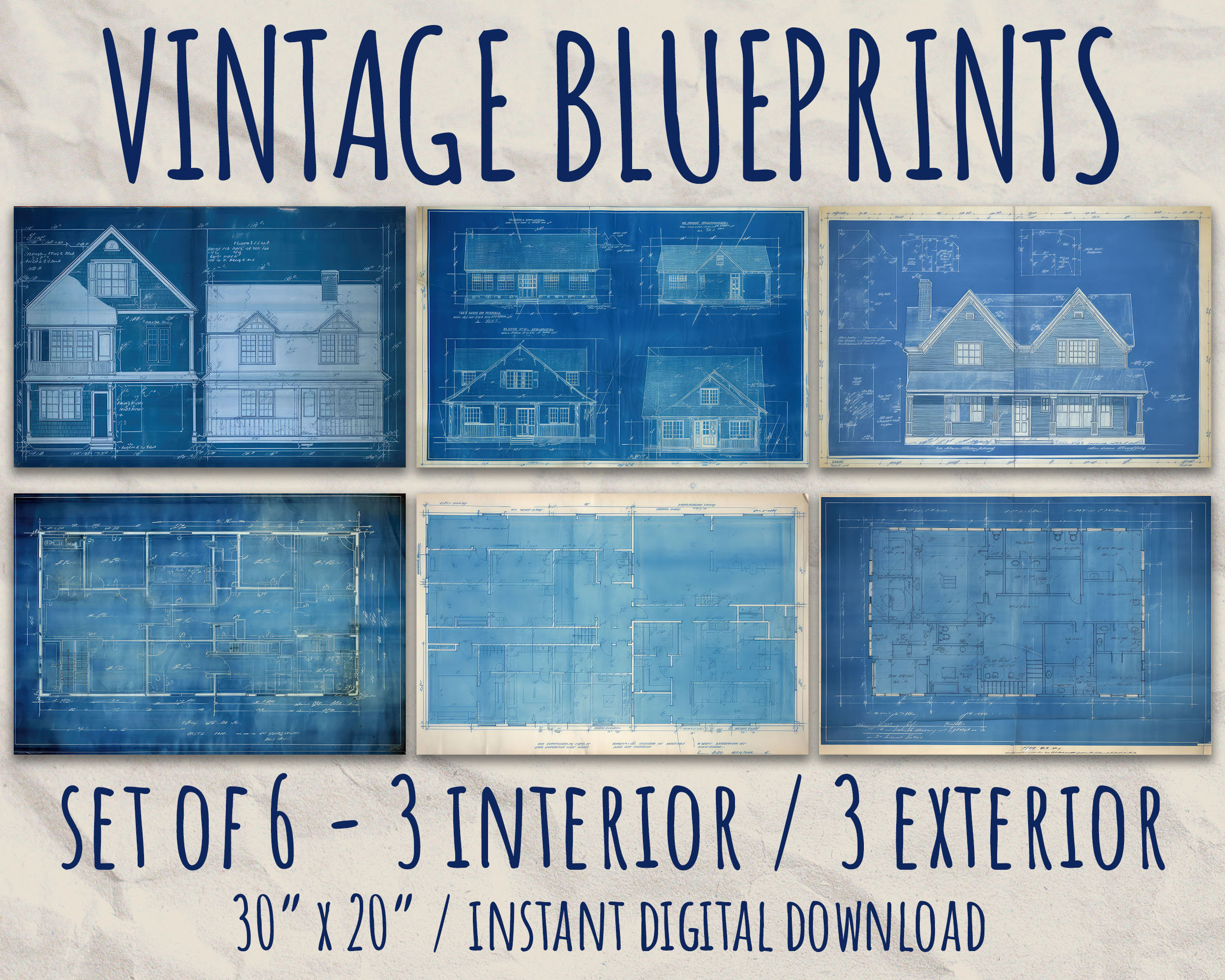 Vintage Blueprints of American Home, Bundle of 6 Illustrations ...