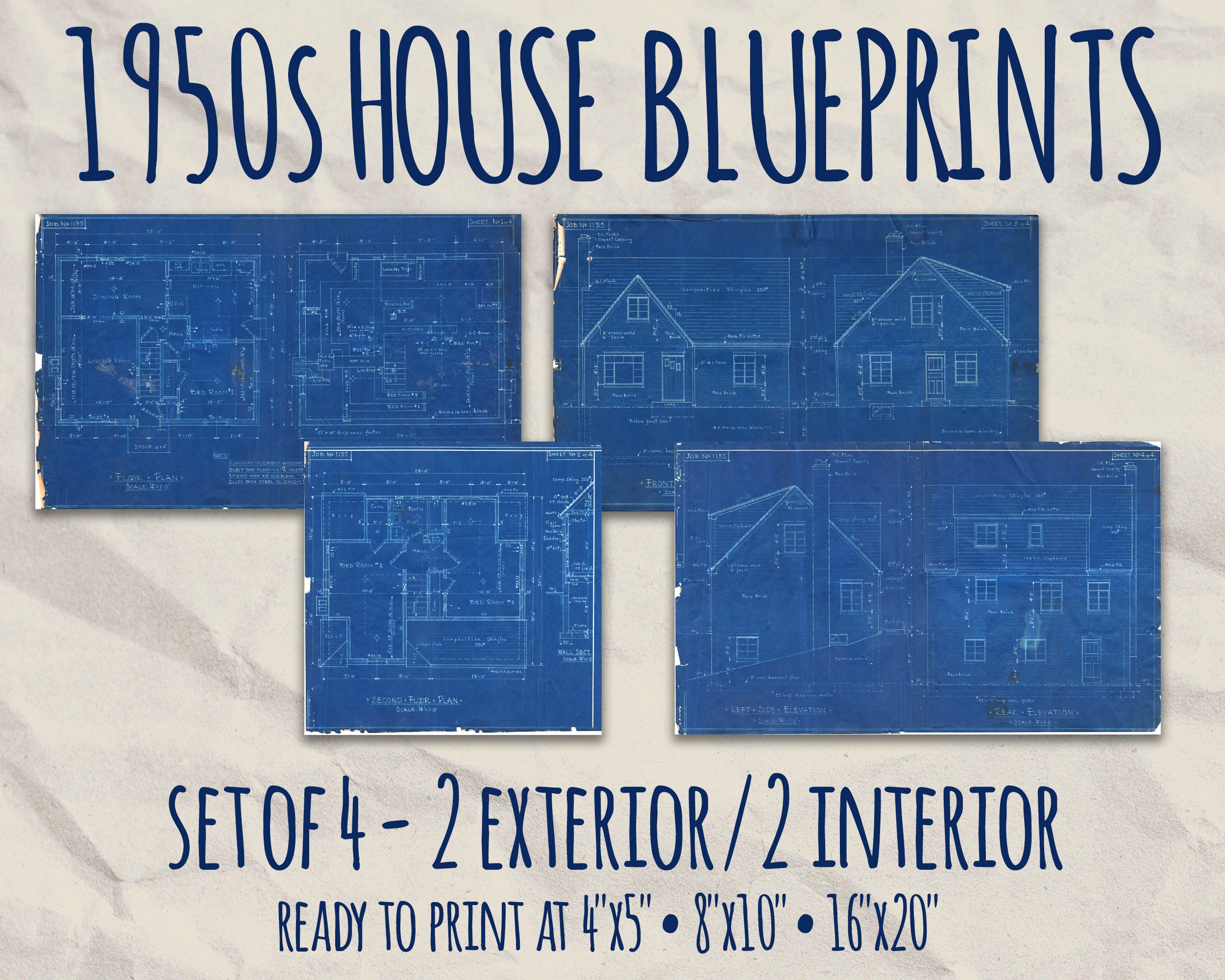 Vintage Hand Drawn Retro Architect's House Blueprints for Cape Cod ...