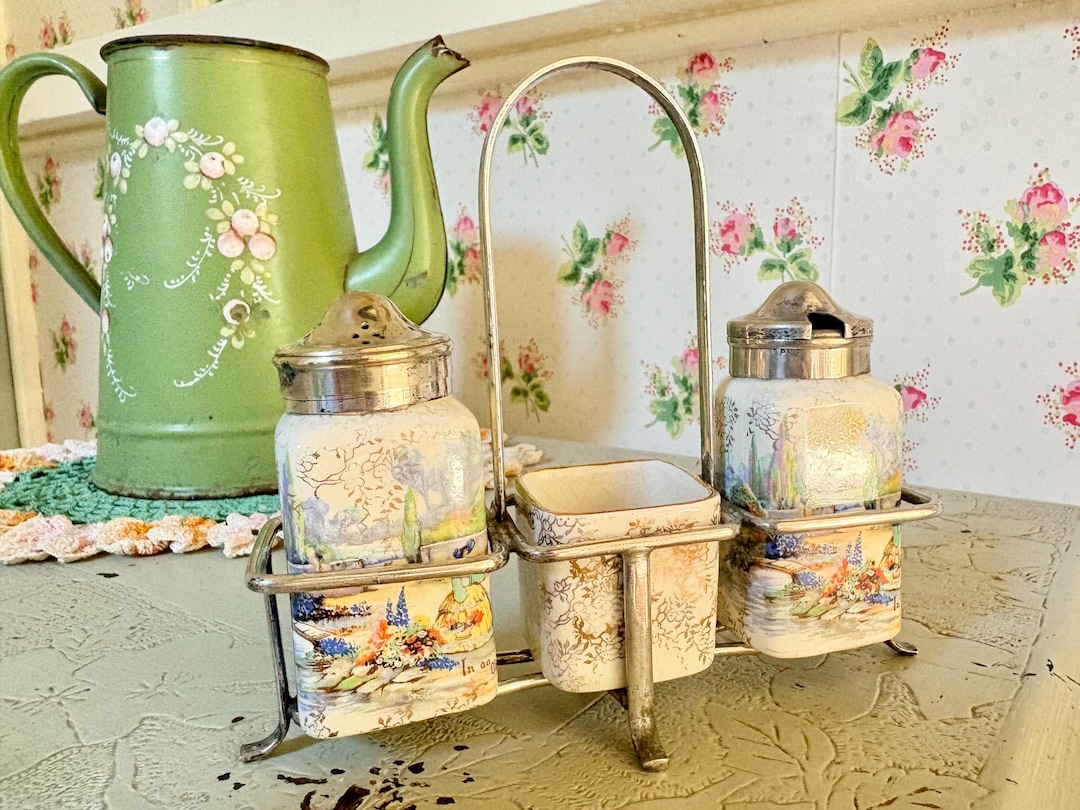 Vintage Floral Cruet Set: Silver Tone Stand, Salt, Pepper & Mustard ...
