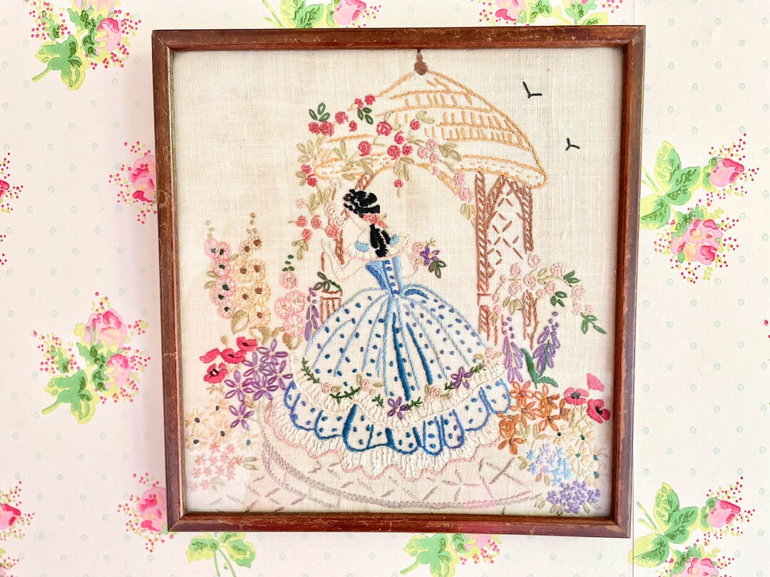 Vintage Embroidery /embroidered Crinoline Lady/ Embroidered Picture ...